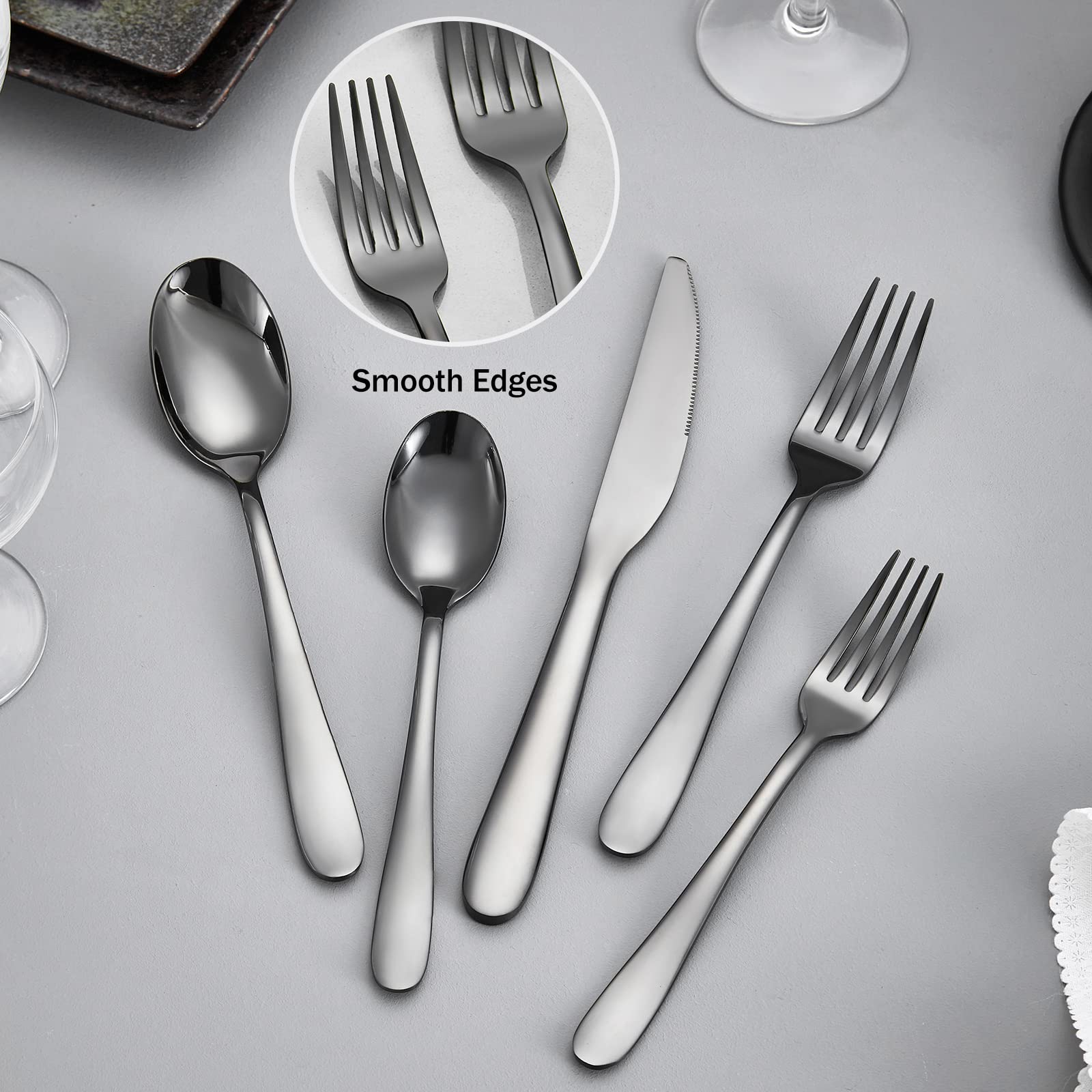 Xingjiake 20 Piece Black Silverware Set, Kitchen Utensils Set, Silverware Cutlery Flatware Set For 4, Stainless Steel Forks And Spoons Cooking Flatware Serving Set, Dishwasher Safe