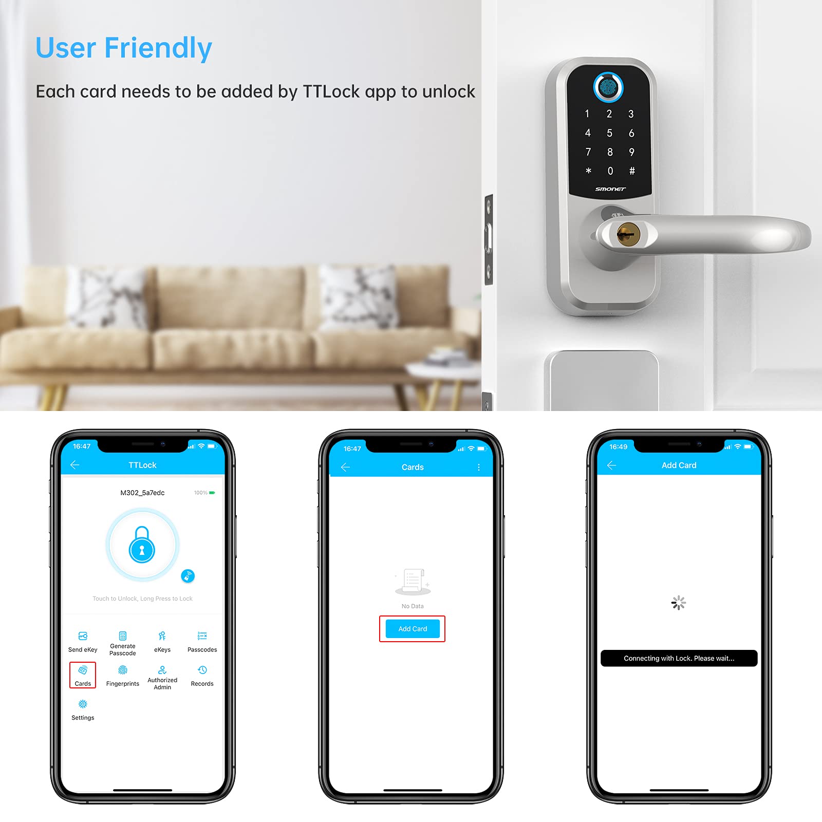 Smart IC Key Cards, Smonet Smart Fobs for Keypad Door Lock, Addable Electronic Cards Work with TTLock, Nextlock APP, Smart Locks Accessories, Keyless Digital Key Card Chip for Lock - 3 Packs
