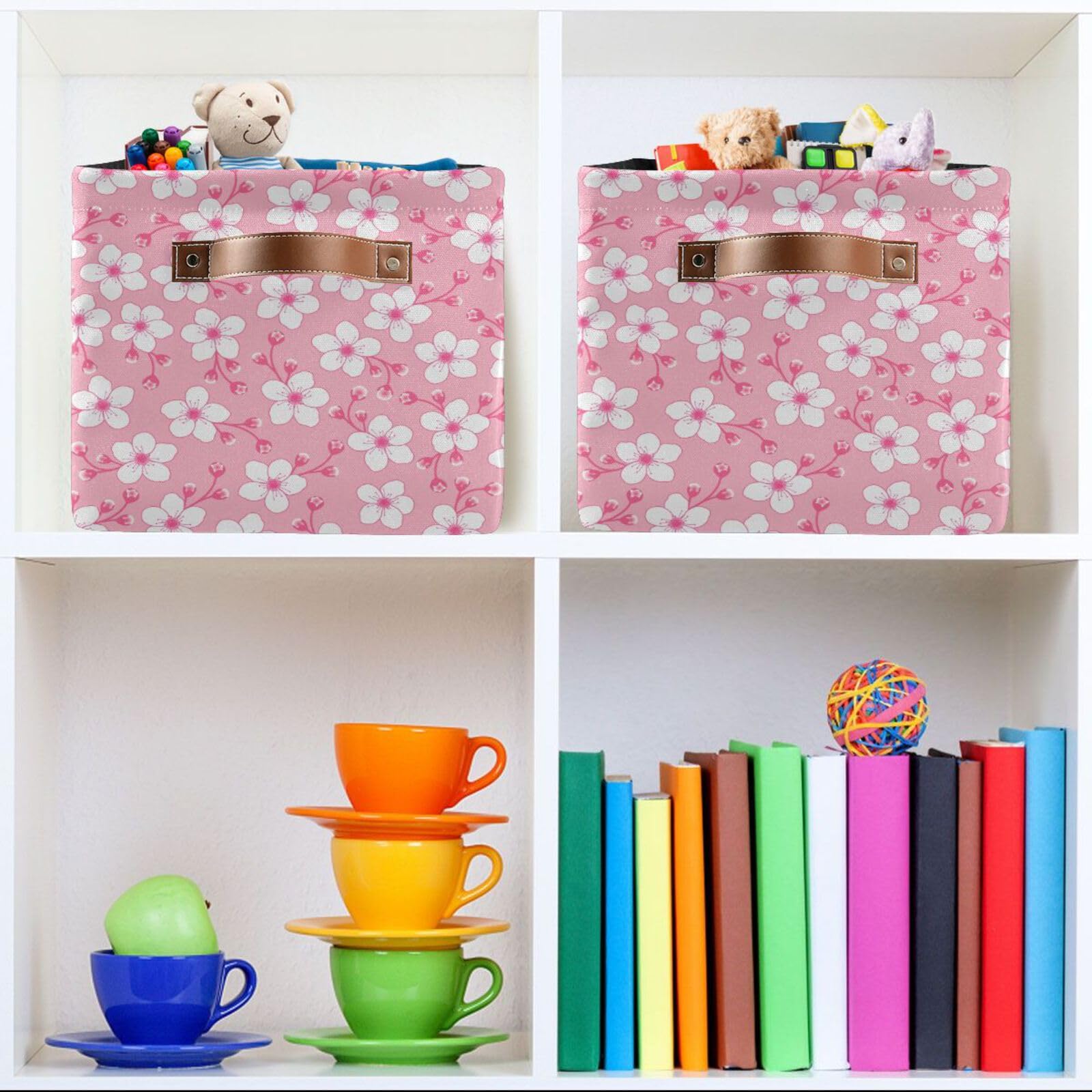 White Pink Cherry Blossom Storage Basket Bins Foldable Laundry Hamper Toy Storage Bins Box Organizer for Bedroom Office Clothes Pet Nursery Living Room,2 pcs