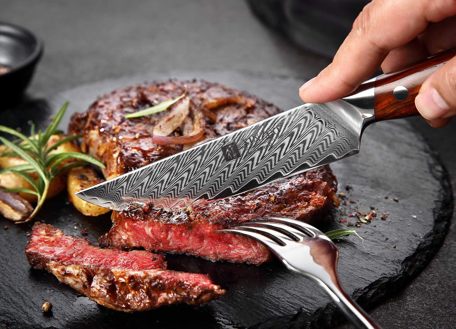 XINZUO Damascus Steel 4Pcs Steak Knife Set, 5 Inch Premium Dinner Knife Set Sharp Kitchen Table Knives -Straight Edge Blade -Triple Rivet -with Gift Box -Ergonomic Rosewood Handle-Yi Series