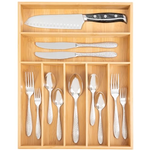 oridom Silverware Organizer for Drawer Sturdy Construction Utensil Organizer for Kitchen Drawers Large Capacity Bamboo Cutlery Organizer in Drawer with Non-Slip Feet Natural