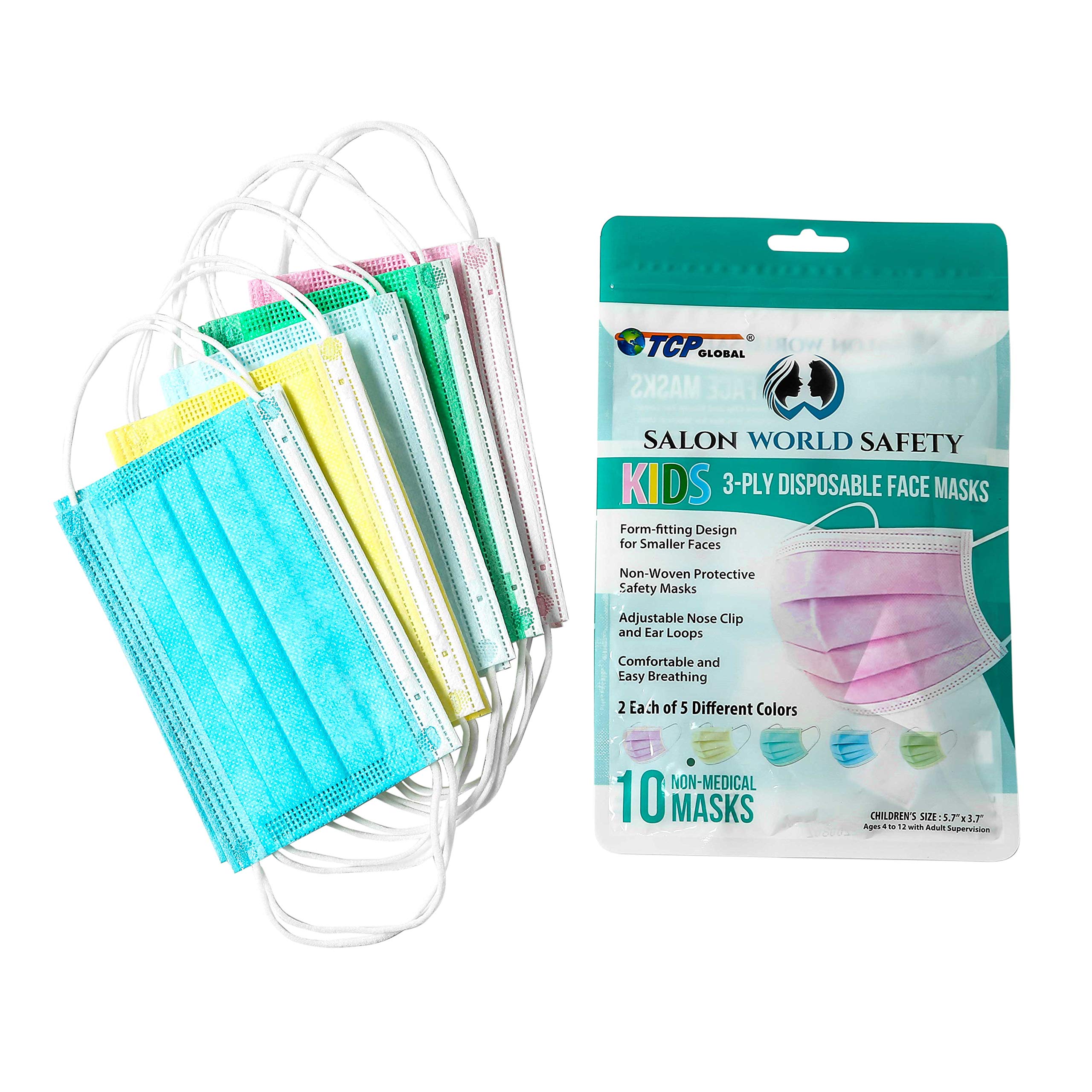 TCP Global Salon World Safety - Kids Face Masks 500 Pk 3-Ply Protective PPE (5 Colors, 100 Each)