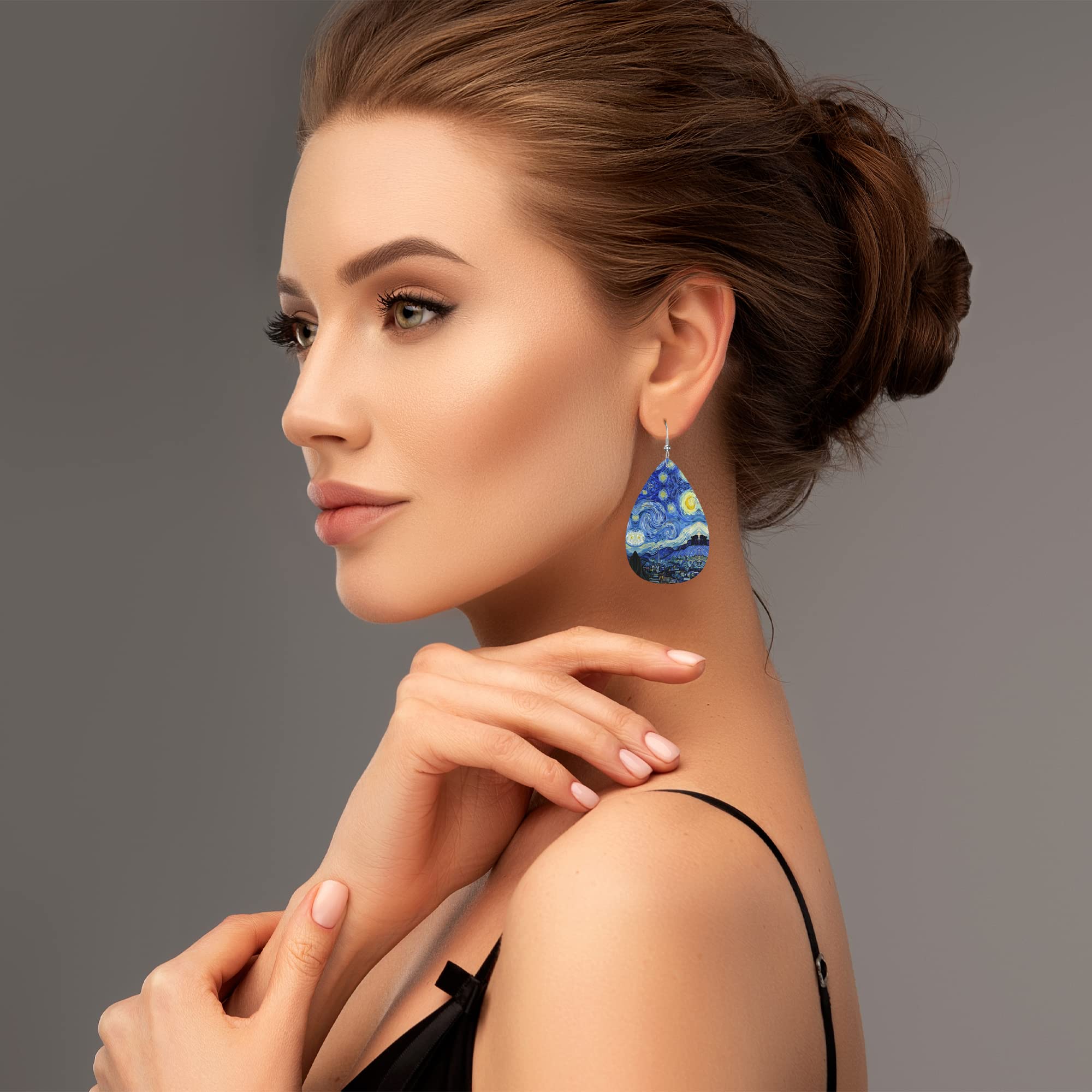ZTHLL Leather Teardrop Earrings For Women,Van Gogh Starry Night Pattern Western Earrings For Girls Gift Drop Lightweight Dangle Earrings