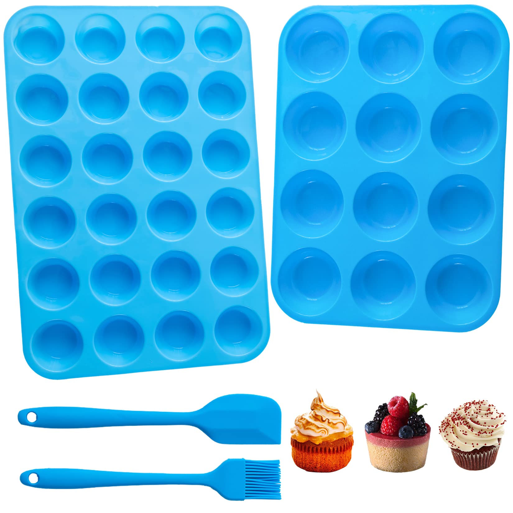 Silicone Muffin Pan, Set of 2 Non-Stick Cupcake Pans 12-Cup & Mini Muffin Pan 24-Cup, with Bonus Silicone Brush and Spatula(Blue)