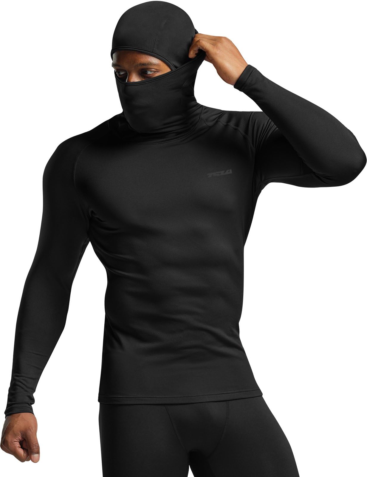 TSLA Men's Thermal Compression Shirts Hoodie with Mask, Long Sleeve Winter Sports Base Layer Top, Active Running Shirt, Heatlock Hoodie Black, X-Large