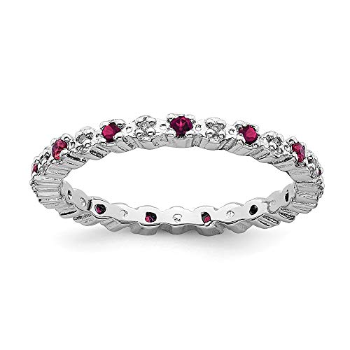 Solid 925 Sterling Silver Stackable Created Ruby and Diamond Ring Eternity Band Size 6 (.04 cttw.)