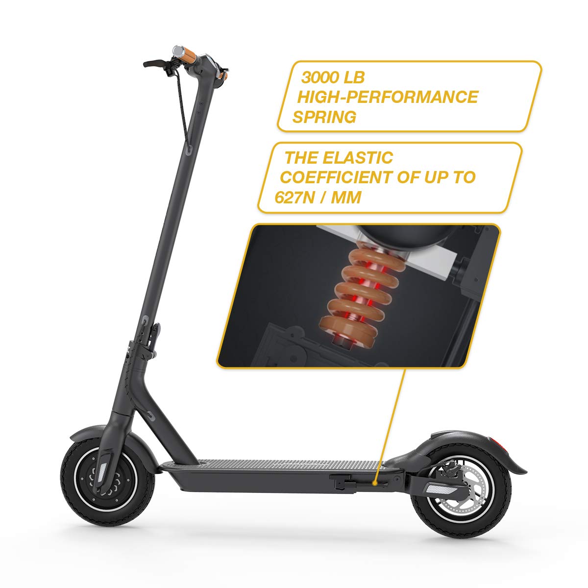 TOMOLOO Electric Scooter L1-Plus, 10'' Plus Air-Free Solid Tires Electric Scooter for Adults, Foldable Commuter Electric Scooter with Shock Absorption Spring and APP Connected Safe Lock