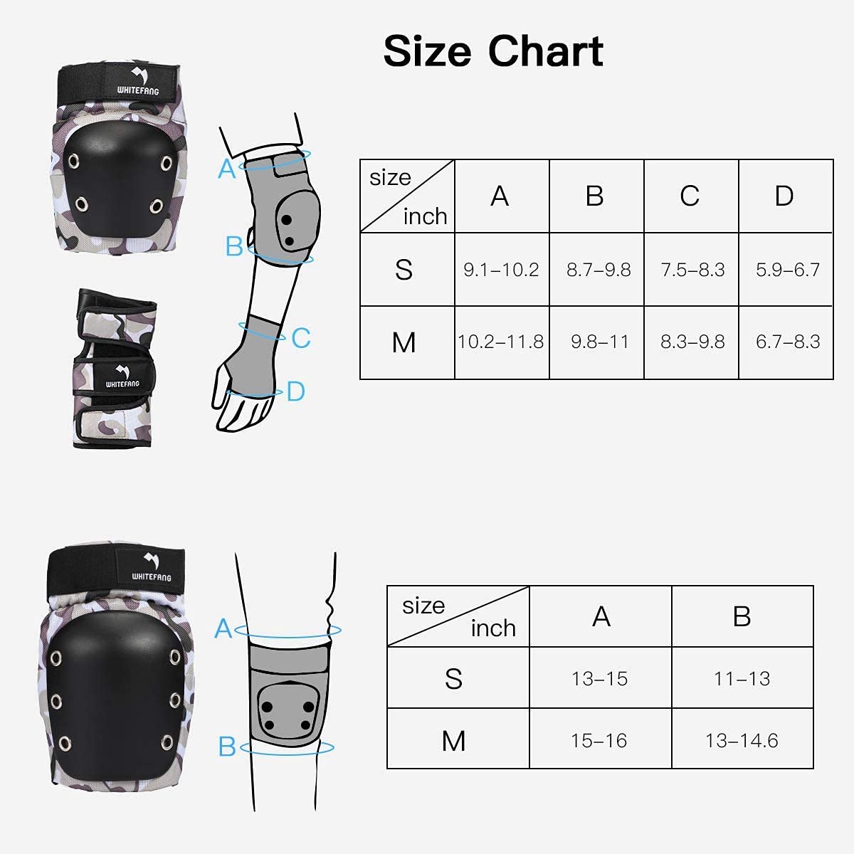 WhiteFang Knee Pads for Kids, Knee Pads and Elbow Pads with Wrist Guards 6 in 1 Protective Gear Set for Skateboarding, Rollerblading, Biking, Skating, Skiing, Scooter (Gray M)