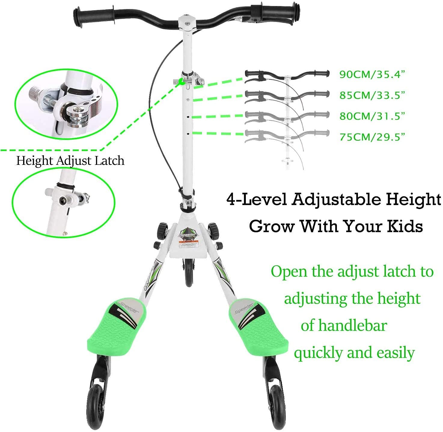 Wiggle Scooter for Kids, 3 Wheels Foldable Swing Scooter Push Drifting with Adjustable & Wiggle Scooter for Boys and Girls Ages 3-10 (Green)