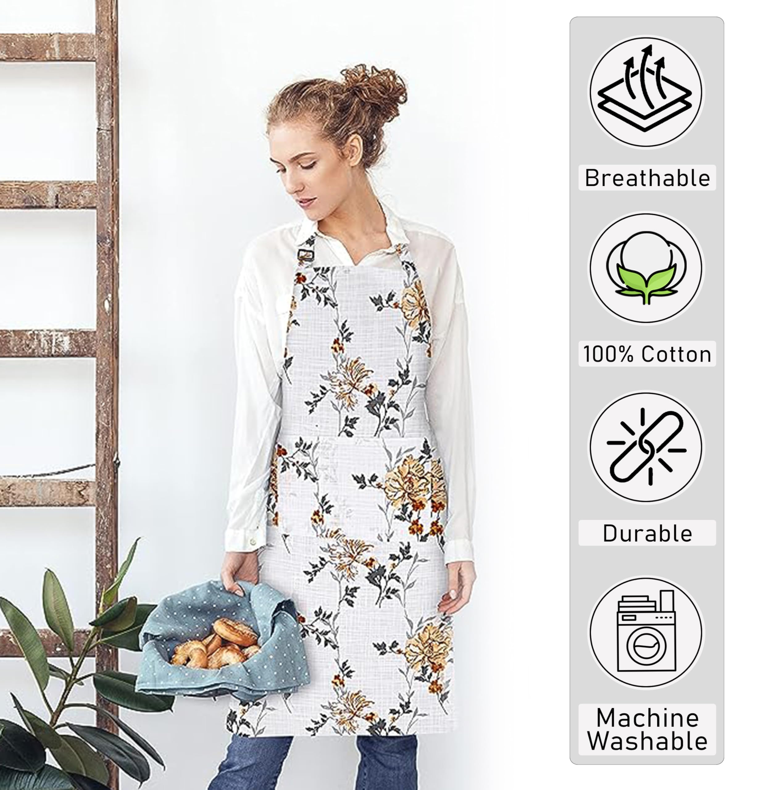 RUVANTI Aprons for Women with Pockets - Adjustable up to XXL - 100% Cotton - Cute Aprons for Cooking, Kitchen, Server, Barber, Restaurant, Chef Apron - 1 Pack - Grey Floral