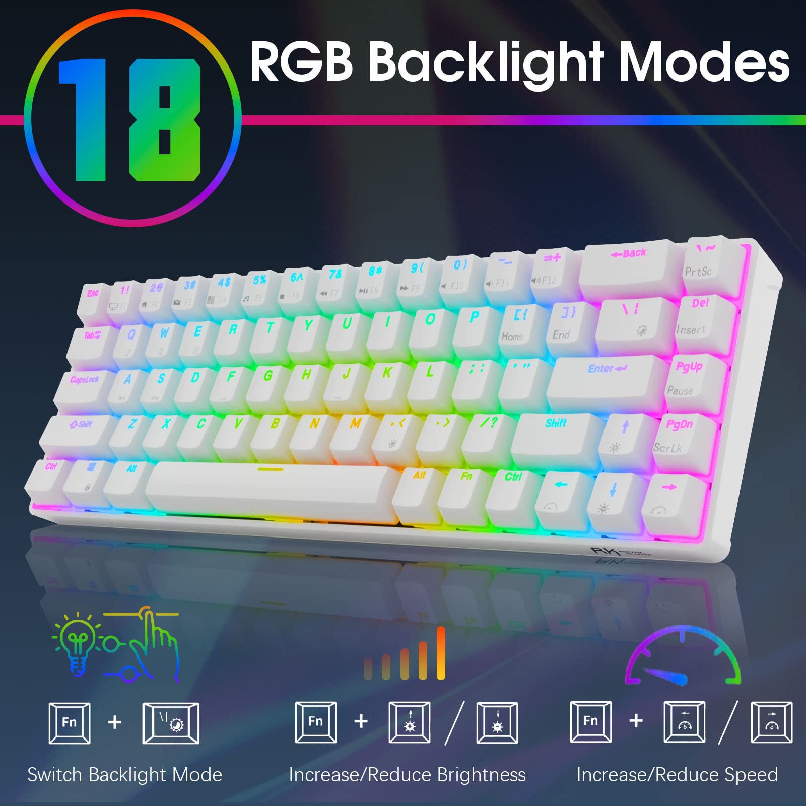 RK ROYAL KLUDGE RK68 (RK855) Wired 65% Mechanical Keyboard, RGB Backlit Ultra-Compact 60% Layout 68 Keys Gaming Keyboard, Hot Swappable Keyboard with Stand-Alone Arrow/Control Keys, Brown Switch White