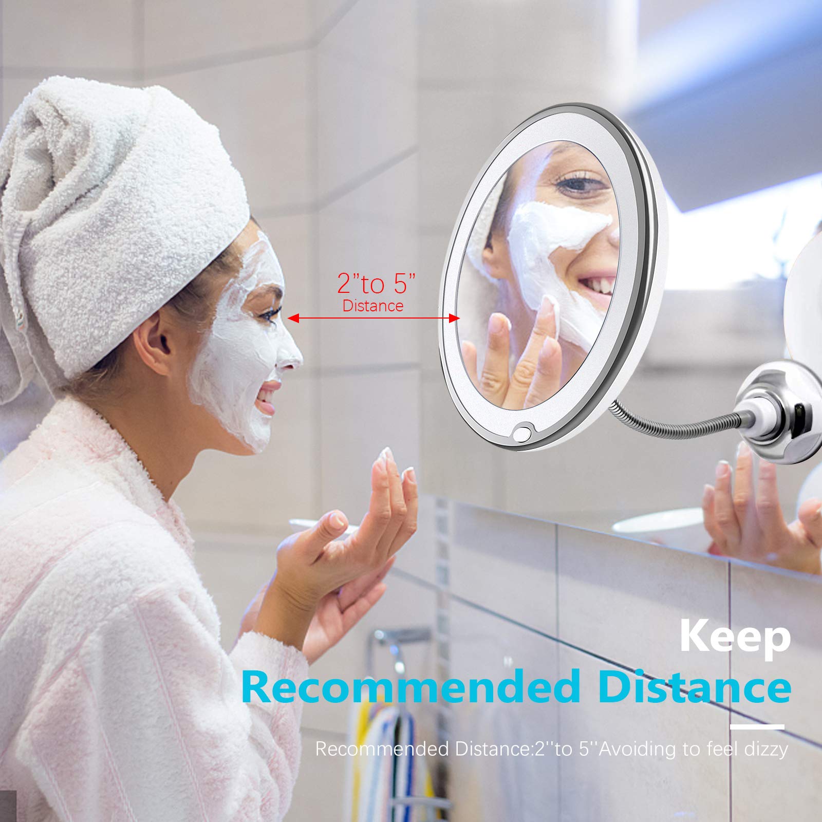 Ursulan 5X Magnifying Makeup Mirror Adjustable Flexible Gooseneck LED Light Bathroom Vanity Mirror with Glue Pad Suction Cup 360 Degree Swivel Perfect for Wall Mounted
