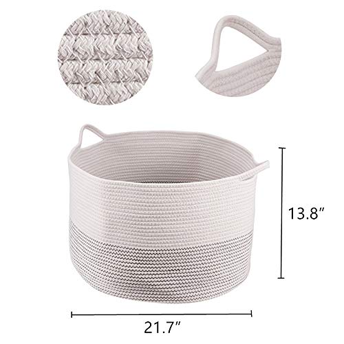 YCOCO Extra Large Woven Cotton Rope Basket with Handles,Kids Laundry Basket hamper,Decorative Blanket Basket for Living Room,Baby Toy Storage Baskets Bin,21.7"x13.8",White