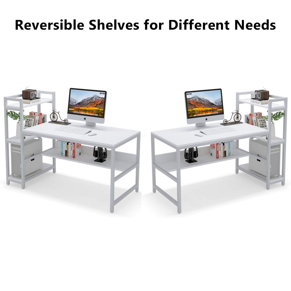 Tribesigns Computer Desk with 4-Tier Storage Shelves, 60 inch Modern Large Office Desk Computer Table Studying Writing Desk Workstation with Bookshelf and Tower Shelf for Home Office(White)