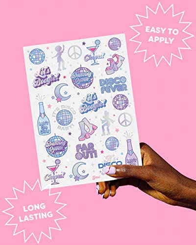 xo, Fetti Disco Birthday Party Temporary Tattoos - 48 Iridescent Foil Pcs | Birthday Girl Party Decorations, Dancing Queen, 70s Groovy Party
