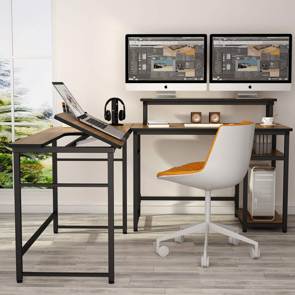 Tribesigns L-Shaped Computer Desk with Monitor Stand Riser, 70.8 inches Corner Computer Desk Study Writing Workstation Drafting Table with Tiltable Drawing Board for Home Office Use, Oak