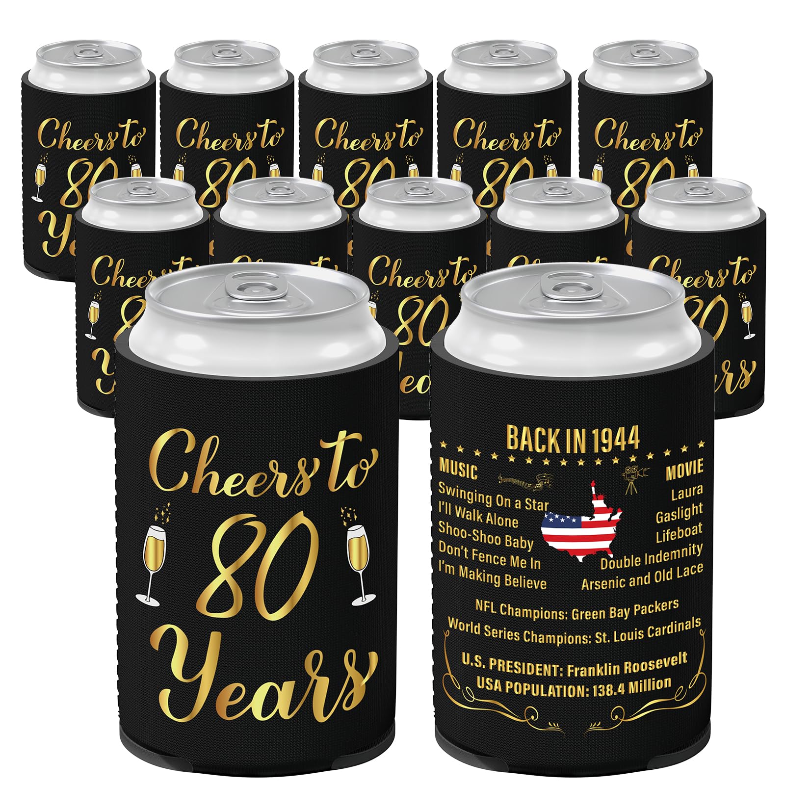 Xumbtvs 80th Birthday Decorations for Women and Men, Vintage 1944 Birthday Decor, Eighty Year Old Birthday Party Supplies, 12 Pcs Neoprene Can Cooler Sleeves for Soda, Beer, Beverage