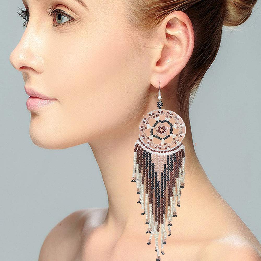 Tarsus Bead Earrings Dangle for Women Seed Bead Dream Catcher Women Hypoallergenic Beaded Native American(Gray)