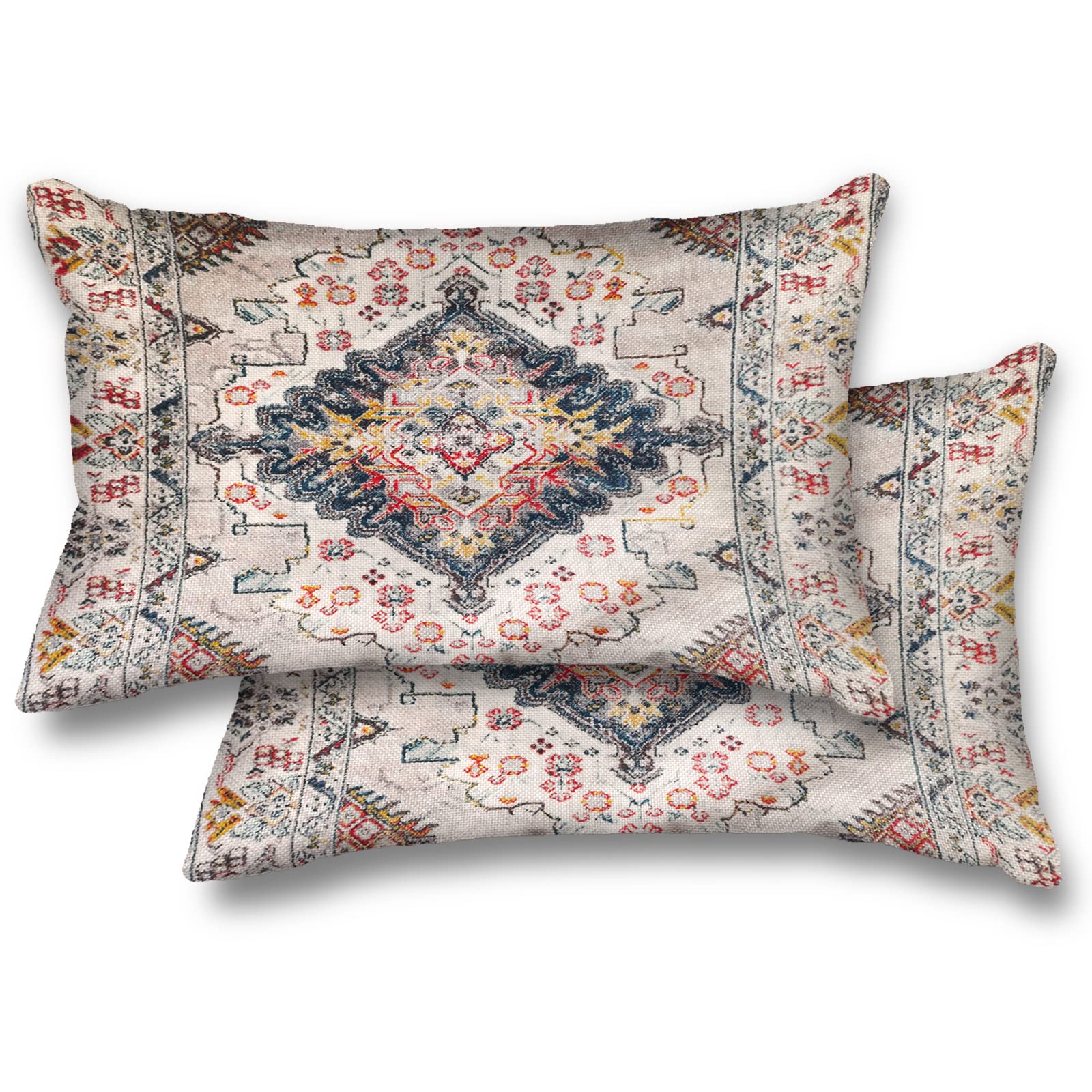 Snycler 2Pcs Boho Style Throw Pillow Cover Ethnic Design Pattern Linen Persian Carpet Tribal Pattern Throw Pillow Case Cushion Cover Home Office Decorative Square 18x18 inch