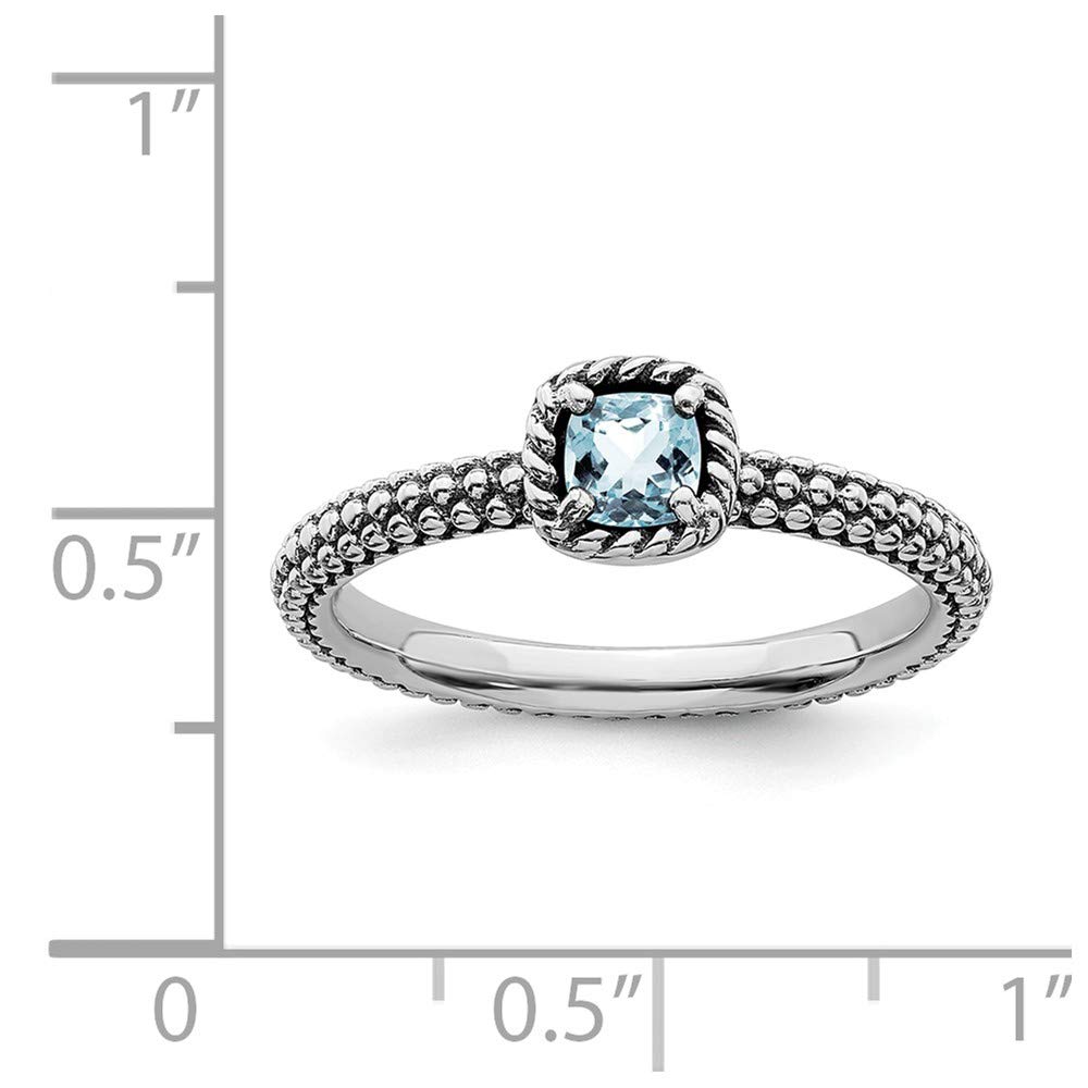 Solid 925 Sterling Silver Stackable Checkerboard Cut Aquamarine Blue March Gemstone Vintage Antiqued Ring Eternity Band Size 6
