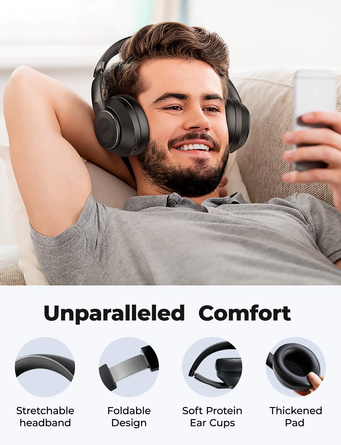 Tribit QuietPlus 78 Active Noise Cancelling Headphones, Bluetooth 5.0 Wireless Headphones Over Ear 35 Hrs Playtime, Deep Bass, Digital Active Noise Cancellation, Foldable Headset for Home, Office