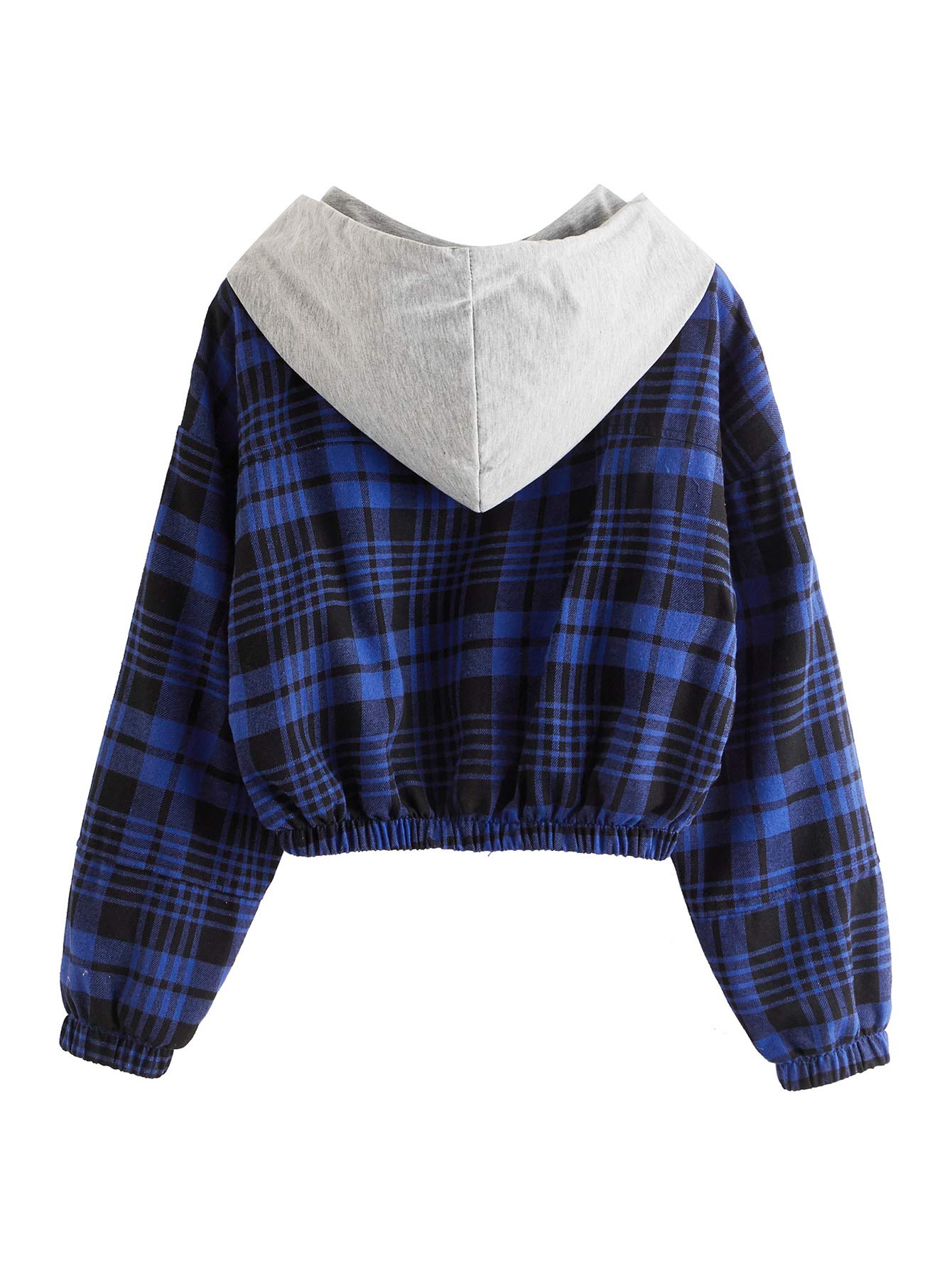 SOLY HUX Women's Long Sleeve Plaid Hoodie Jacket Full Zip Crop Top Sweatshirt Navy L