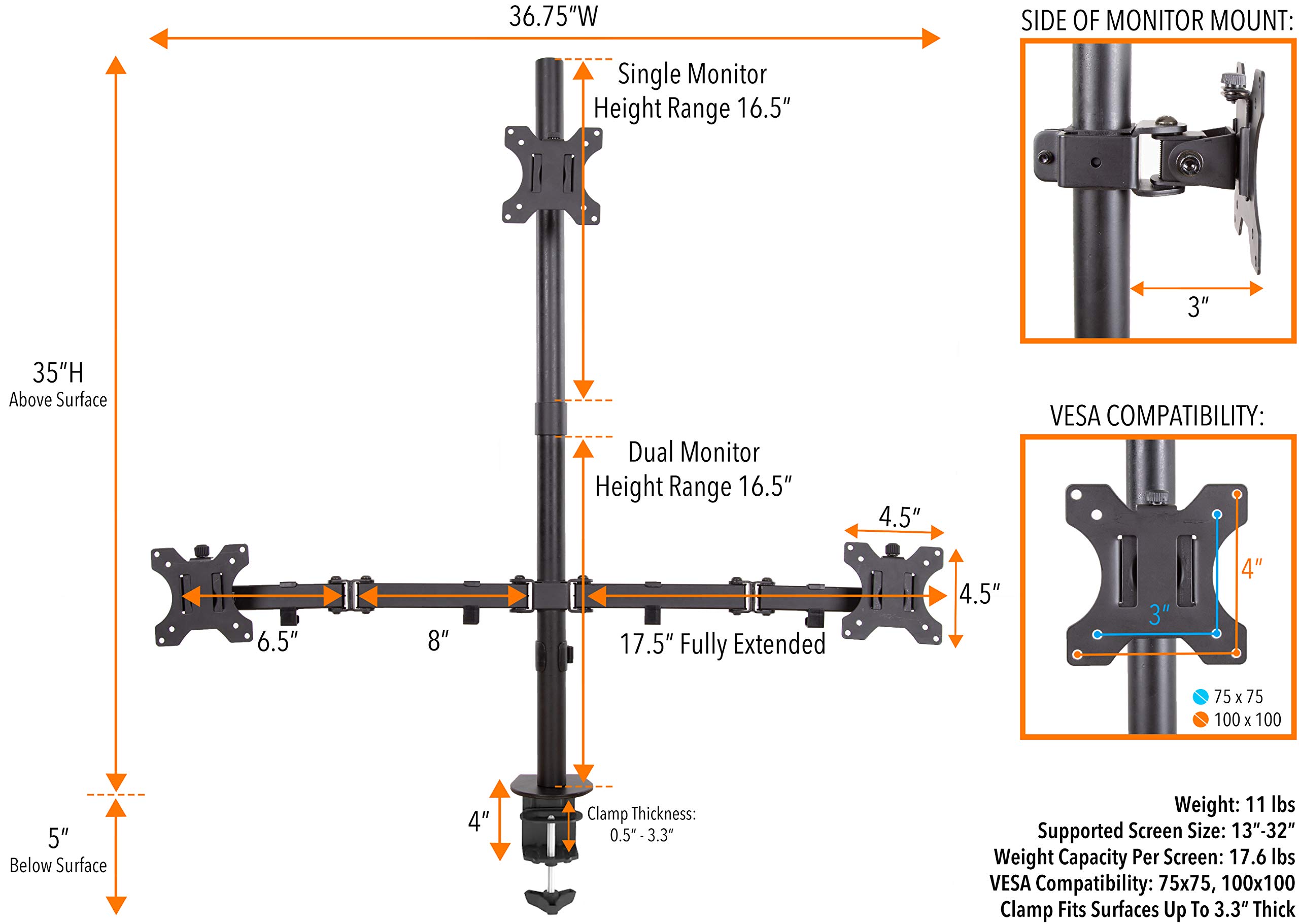 Stand Steady Triple Monitor Desk Stand with Clamp-On Base, for Home or Office Use, Height Adjustable Computer Monitor Stand with Full Articulation VESA Mounts, Fits Most LCD/LED Monitors 13-32 Inches