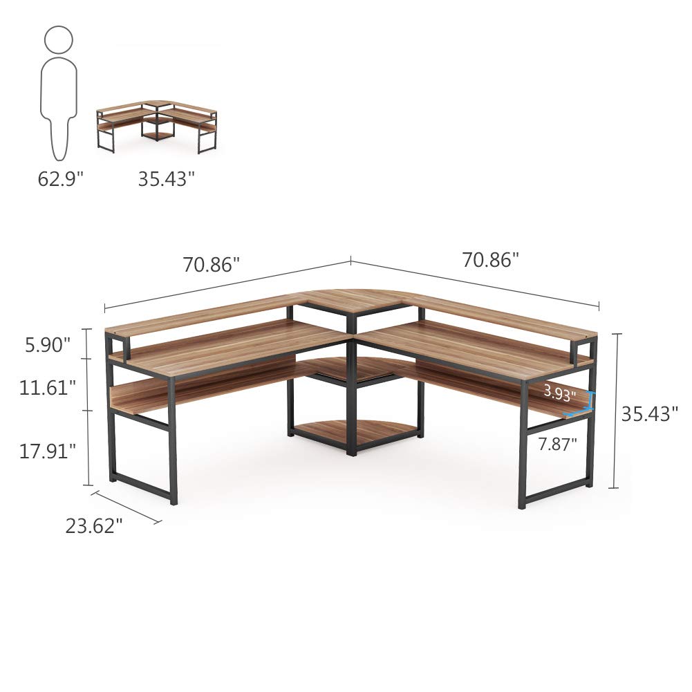 Tribesigns L-Shaped Computer Desk with Storage Shelves, Modern Large Corner Computer Desk Study Writing Workstation with Monitor Riser & 3-Tier Corner Shelf for Home Office Use (Walnut)