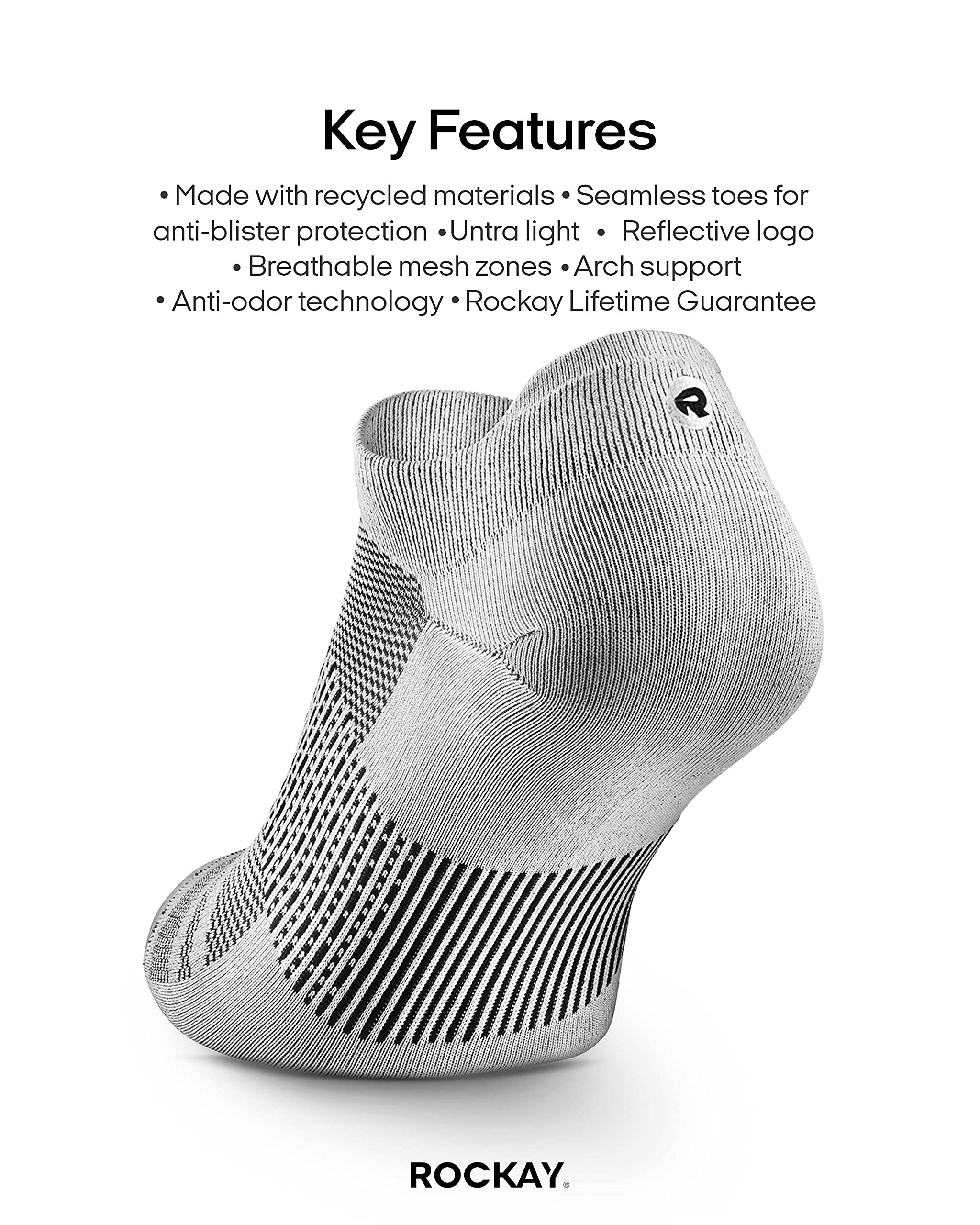 Rockay Agile Ultralight Running Socks for Men and Women, Thin, Ankle Cut, Arch Support, 100% Recycled, Anti-Odor (1 Pair)