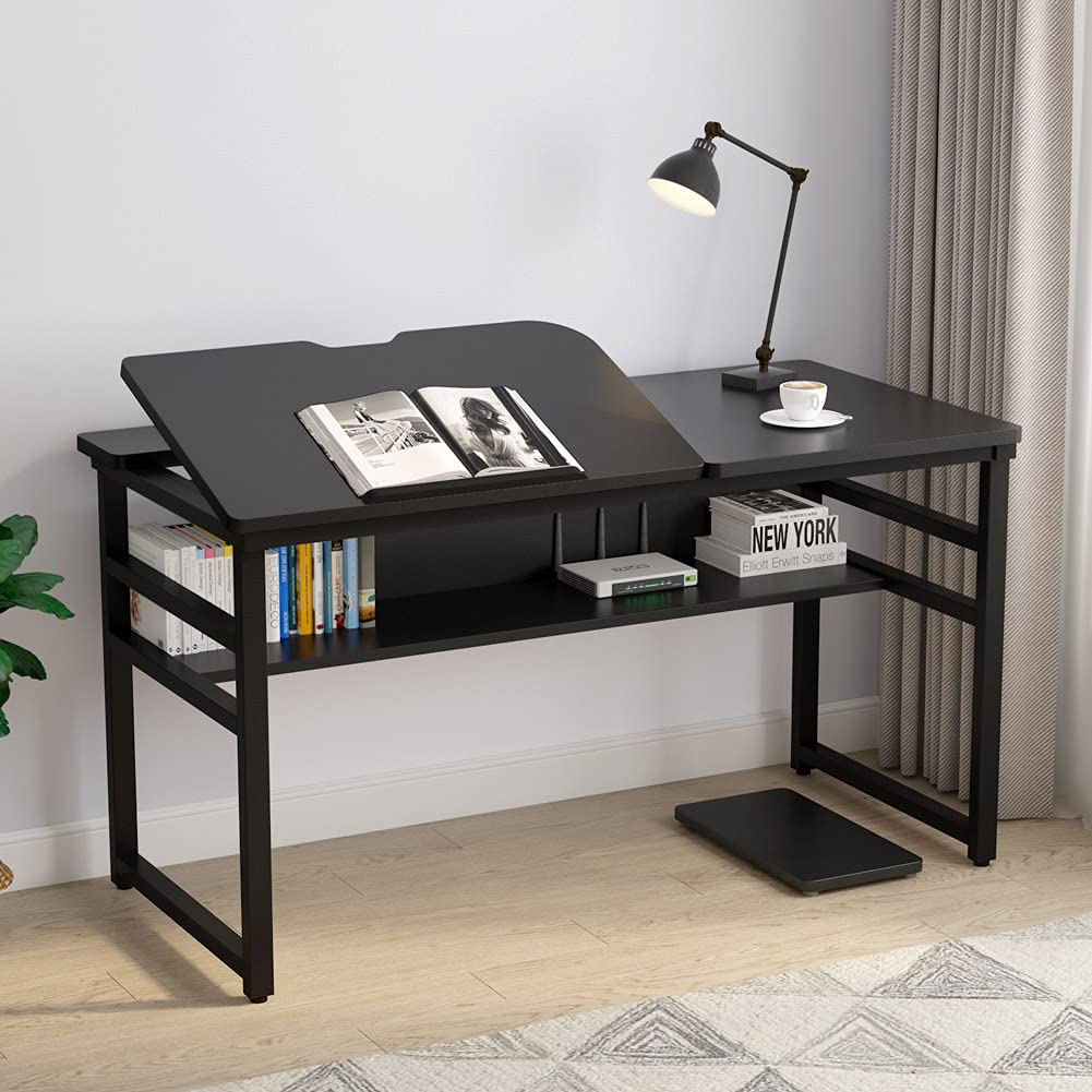 Tribesigns Modern Drafting Desk Drawing Table with Storage Shelf, 55 inch Large Computer Desk Writing Desk Craft Workstation with Tiltable Tabletop for Artist, Home Office (Black)