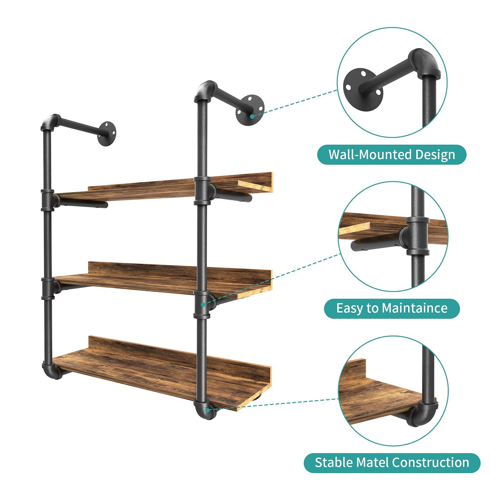 YITAHOME 3 Tier Pipe Shelves Wall Mounted Industrial Retro Iron Shelf Pipe with Hanging Bracket, DIY Storage Shelves, Kitchen Shelves, Office Shelves, Bookshelves and Bookcases - Rustic Brown