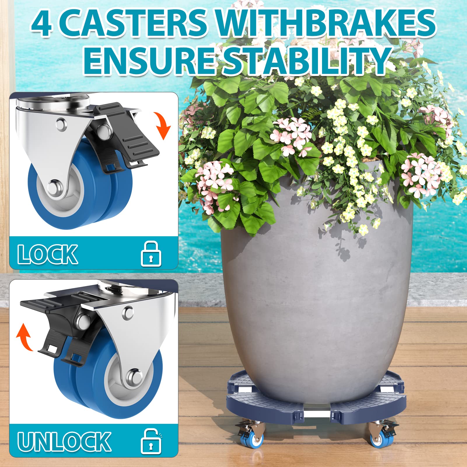 VANCASTLE Plant Caddy Plant Stand with Wheels, Heavy Duty Plant Roller Base 15-22 Inch Adjustable,Palnt Wheel Base 440 LBS, Large Potted Planter Cart Dolly for Flower Mover, Blue, 1 Pack