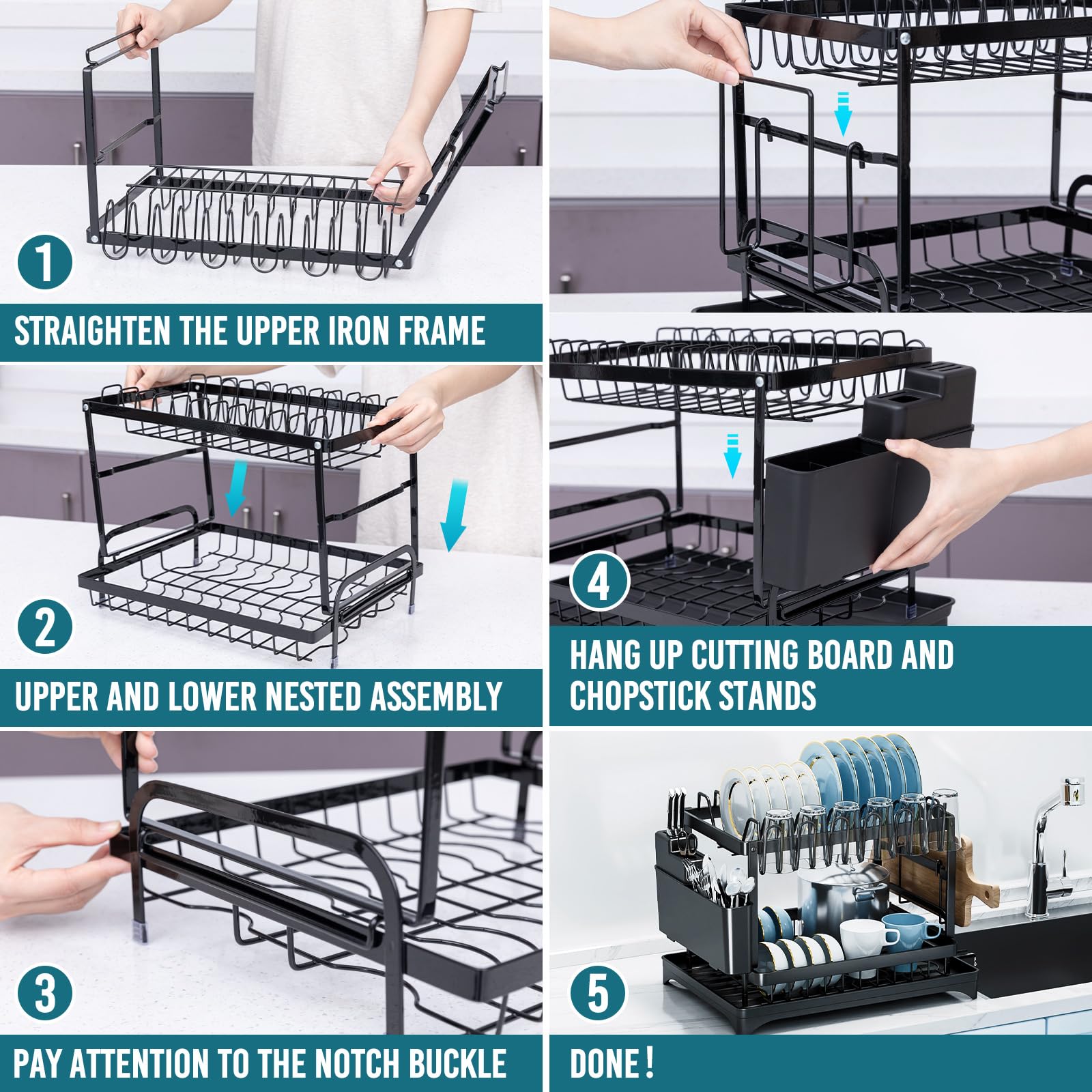 TAILI Dish Drying Rack for Kitchen Counter with Drainboard, Large 2 Tier Dish Rack and Drainboard Set with Cutlery Holder, Cup Holder & Utensil Holder, Rustproof Sink Dish Drying Rack