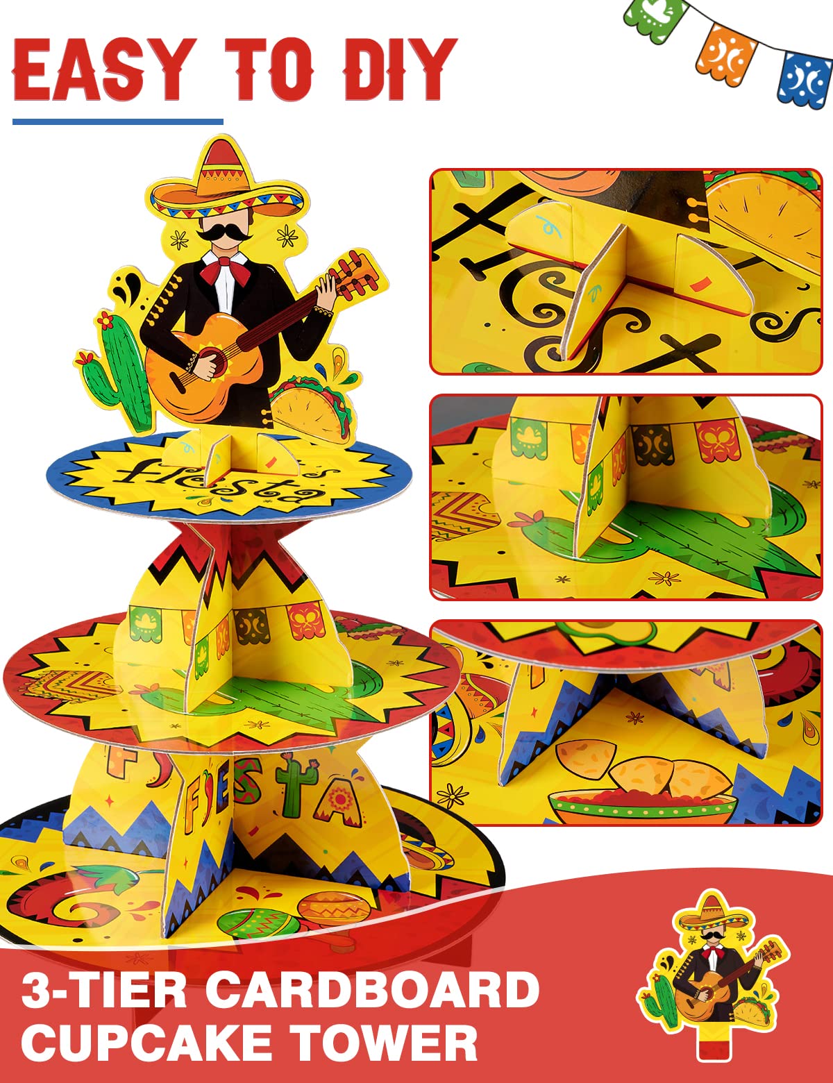 WERNNSAI Mexican Fiesta 3-Tier Cupcake Stand, Yellow, Paper