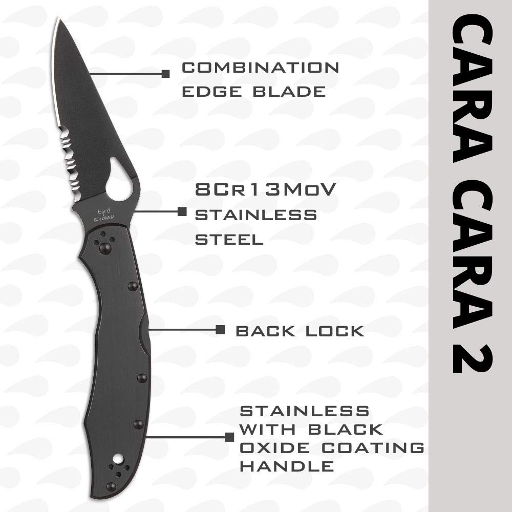 Spyderco Byrd Cara Cara 2 Knife with 3.75" Black Steel Blade and Durable Black Stainless Steel Handle - CombinationEdge - BY03BKPS2