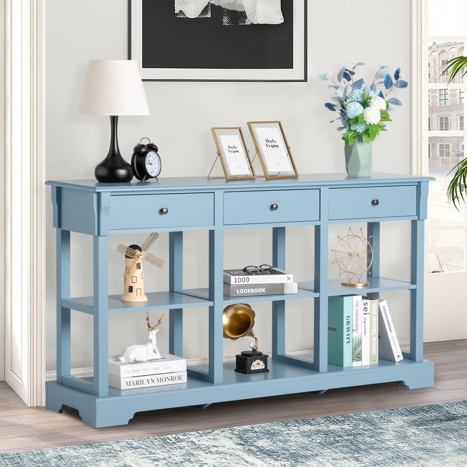 Sofa Table, Farmhouse Console Table for Living Room, Hallway entryway Table with Storage, Entry Table for Foyer,Open Storage Shelf for Home Living Room 58.2" L x 14.2" W x 32.5" H