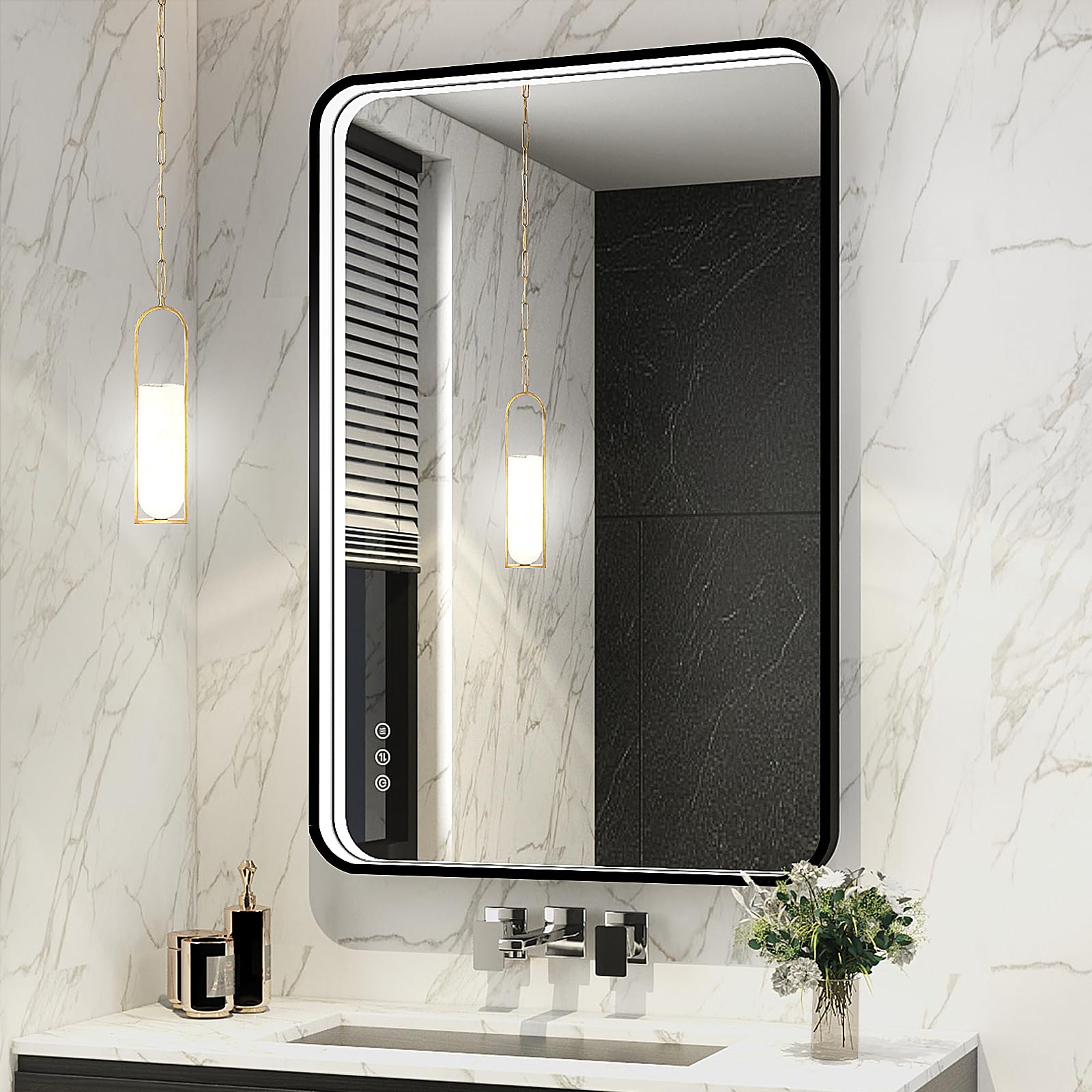 Twalsu 24x32 Inch LED Bathroom Mirror with Lights, Black Metal Framed LED Mirror for Bathroom, 3 Colors and Stepless Dimmable Wall Mounted Lighted Bathroom Vanity Mirror, Anti-Fog, Memory