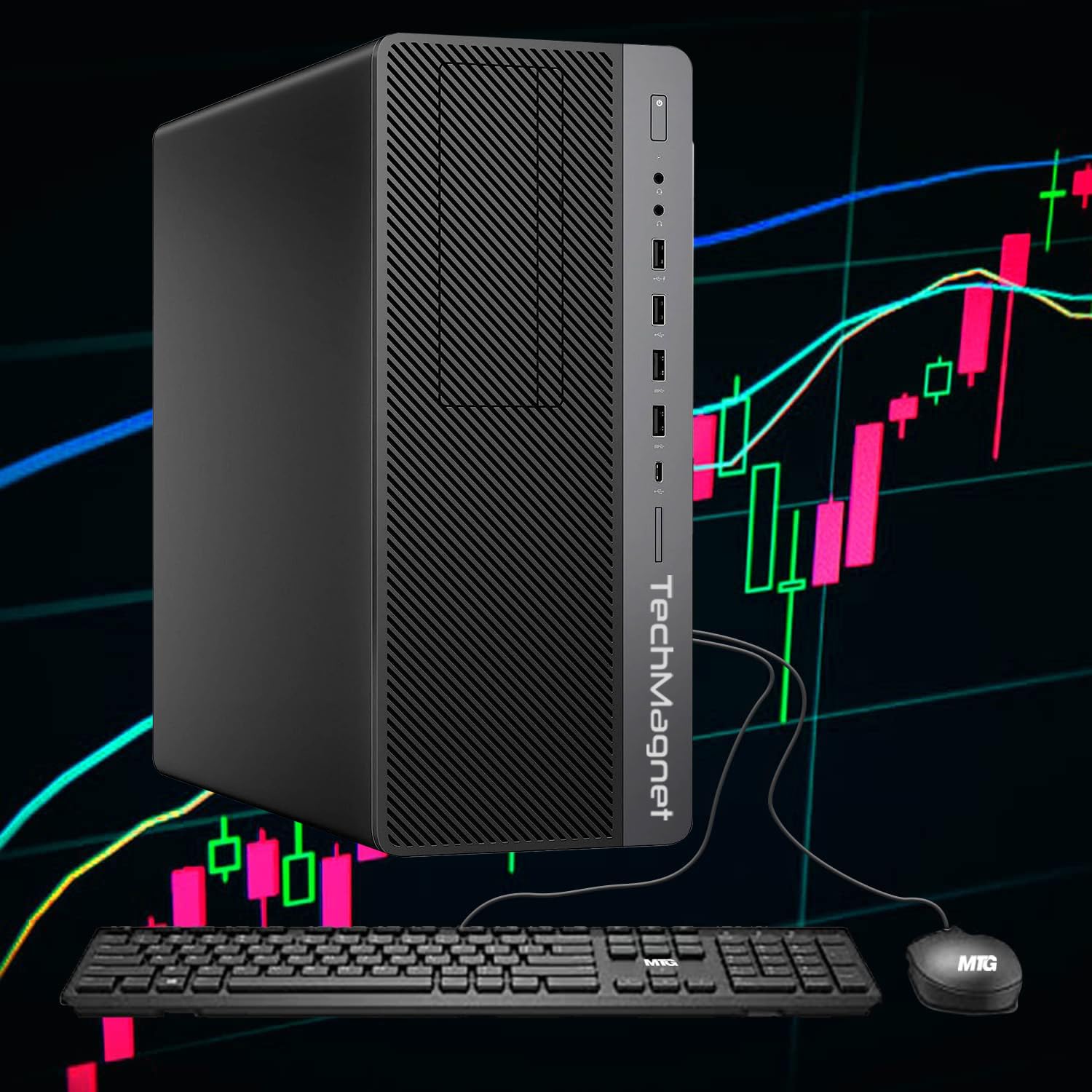 Trading Desktop PC TechMagnet, Intel Core i7 9th Gen, 16GB RAM, 512GB SSD + 2TB HDD, 4 New 22” LED Monitors, 2 Network Cards, Trading Platform Support, MTG Keyboard & Mouse Win 11 (Renewed)