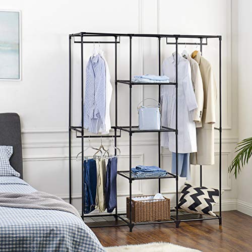 SONGMICS Wardrobe Closet, Non-Woven Fabric Clothes Closet, Mesh Shelves, Clothes Storage Organizer with Door, Black URYM34BK