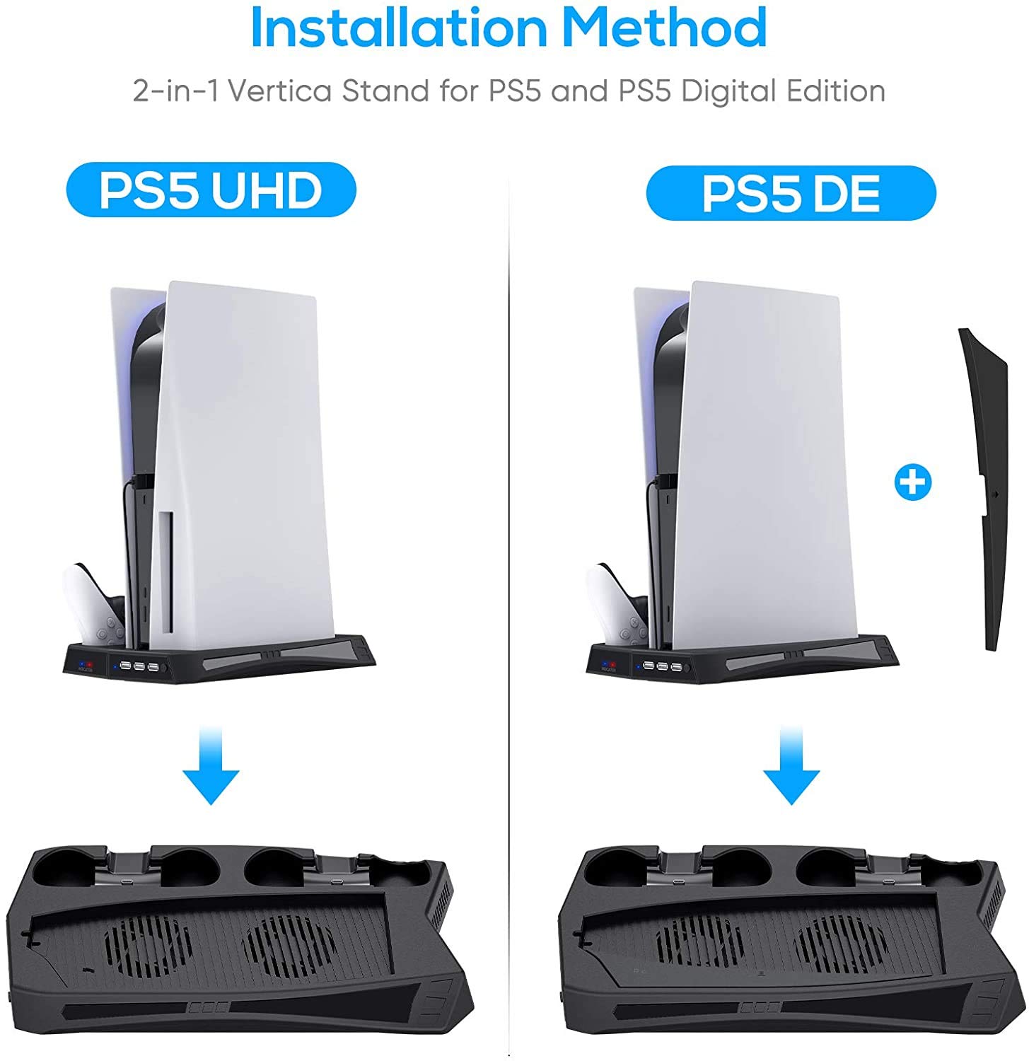 Vertical Stand with Cooling Fan for Playstation 5 Digital Edition/PS5 Ultra HD, 2 Dock Controller Charging Station for PS5 DualSense Controller, 3 USB Ports, Cooling System for PS5