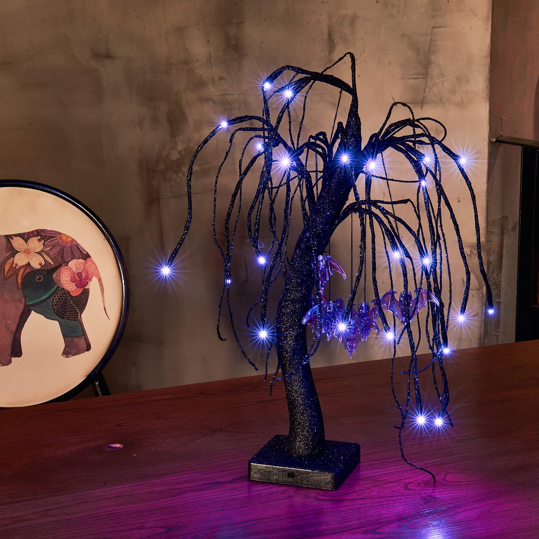 SAND MINE 24 LED Willow Tree Light with 6 Hanging Bats, Battery Operated Lighted Tree, Indoor Home Tabletop Tree Light Halloween Decorations, 18 Inch