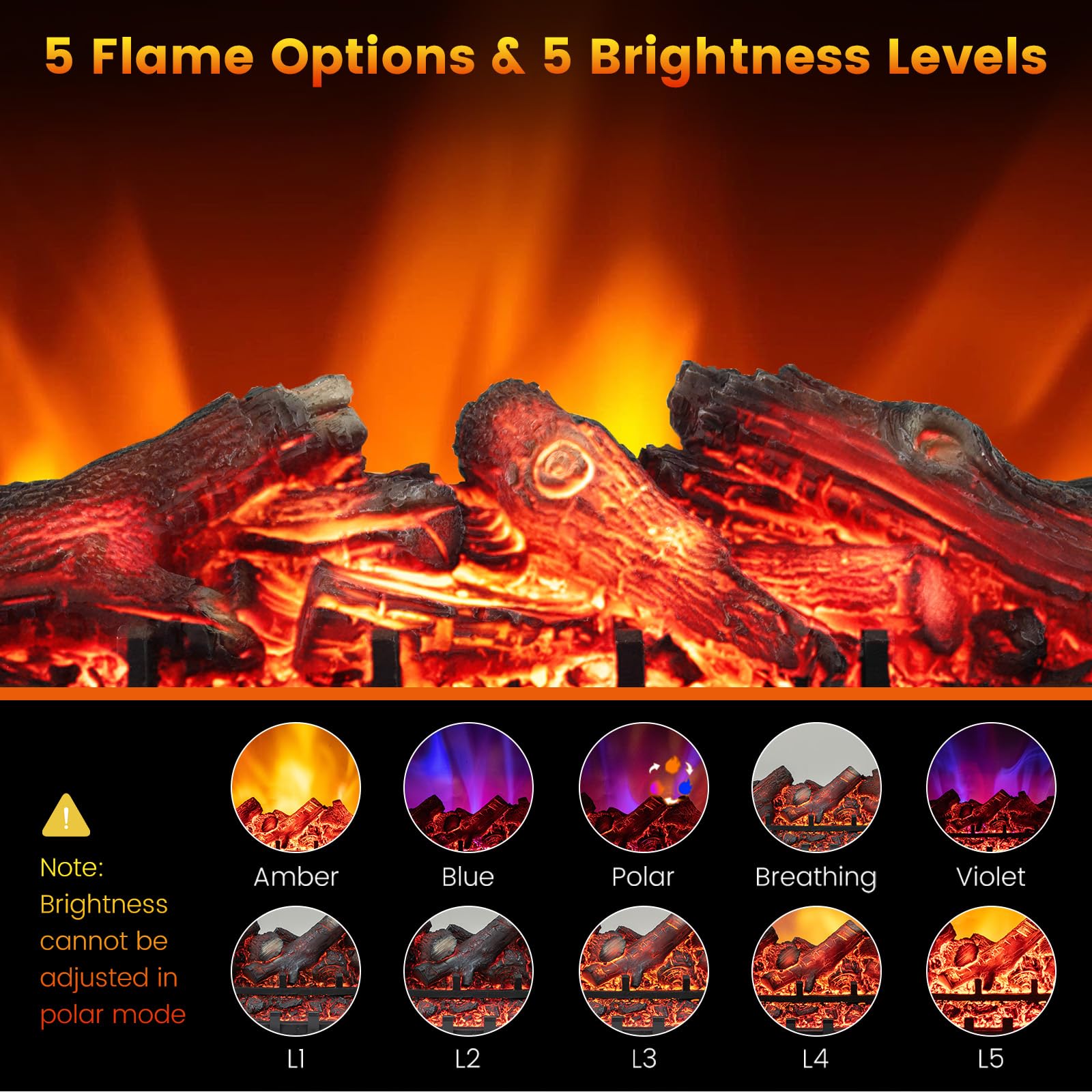 Tangkula 26” Electric Fireplace Log Set Heater with Remote, 5 Flame Modes & Brightness, Thermostat Control, 8H Timer, Realistic Lemonwood Ember Bed, Infrared Quartz Electric Fireplace Insert, 1500W