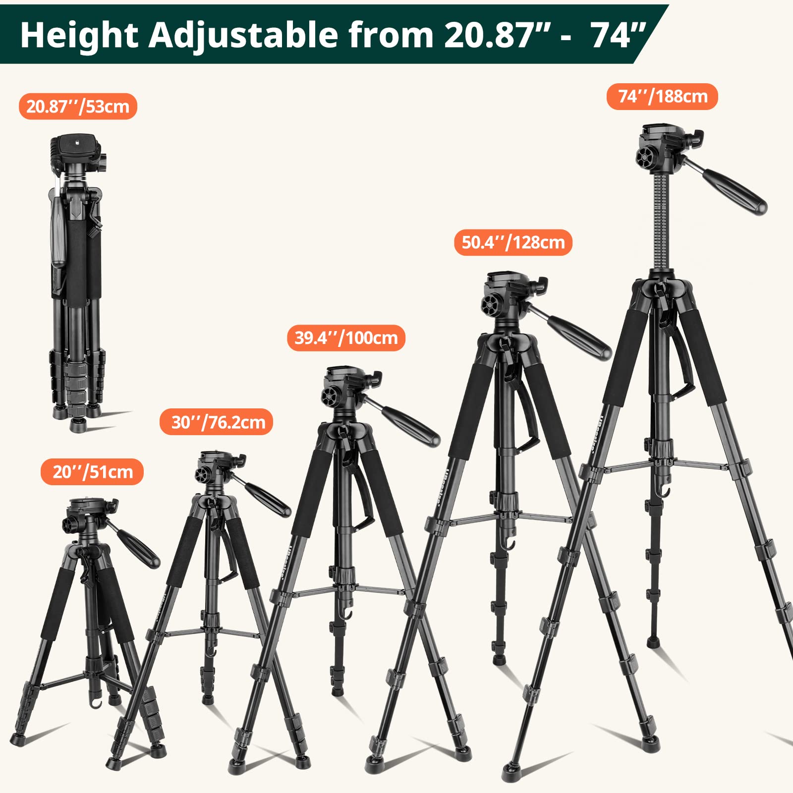 Torjim 74” Camera Tripod with Travel Bag, Extendable Cell Phone Tripod Stand with Wireless Remote and Phone Holder, Compatible with All Cameras/iPhone/Android/Sport Camera