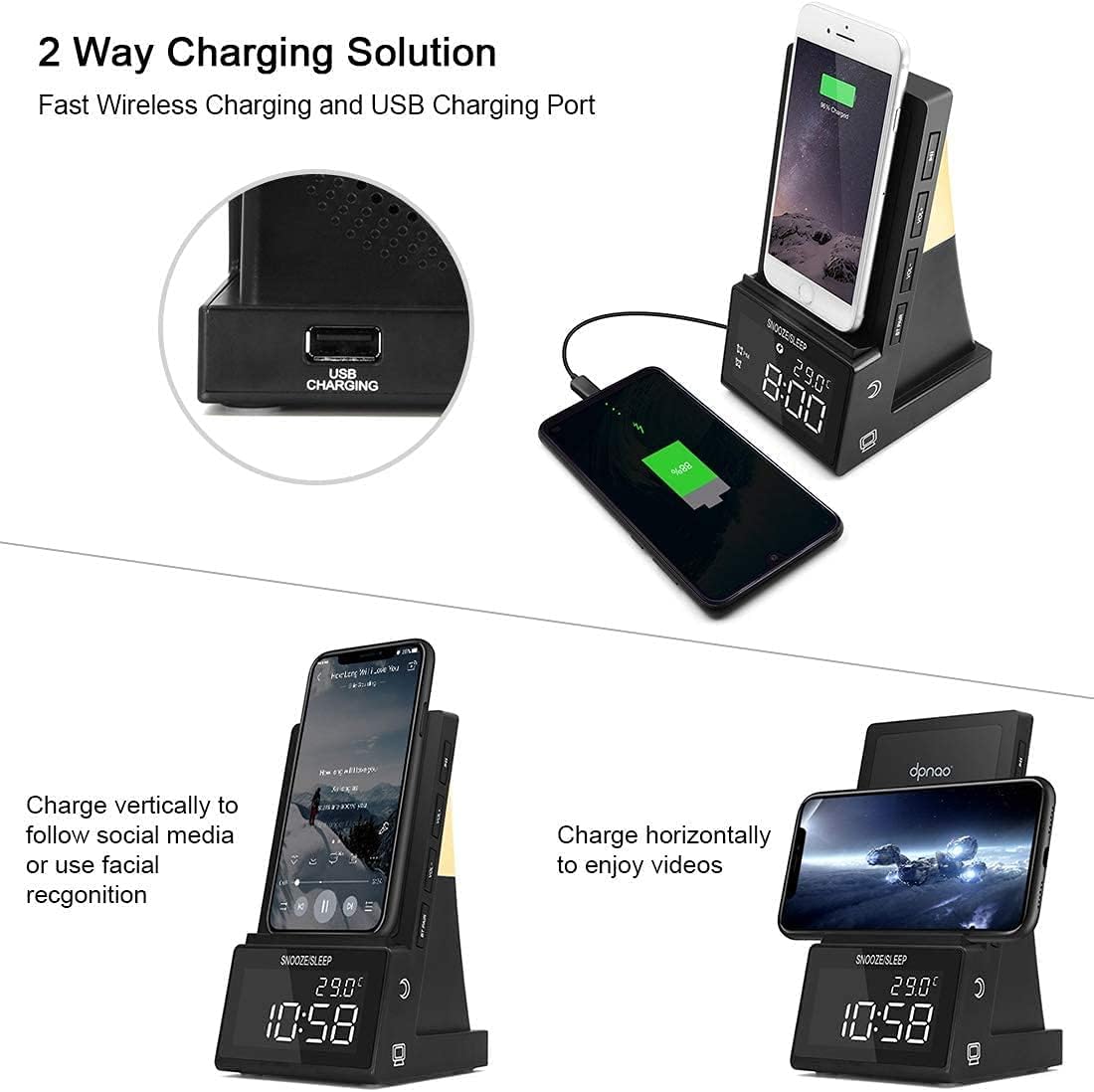 Wireless Charger with Bluetooth Speaker Alarm Clock Night Light USB Fast Charging Station Compatible with iPhone 14/14 Pro/iPhone 13/13 Pro/iPhone12/12 Pro Max/iPhone11/Galaxy S23/S22/S21 etc