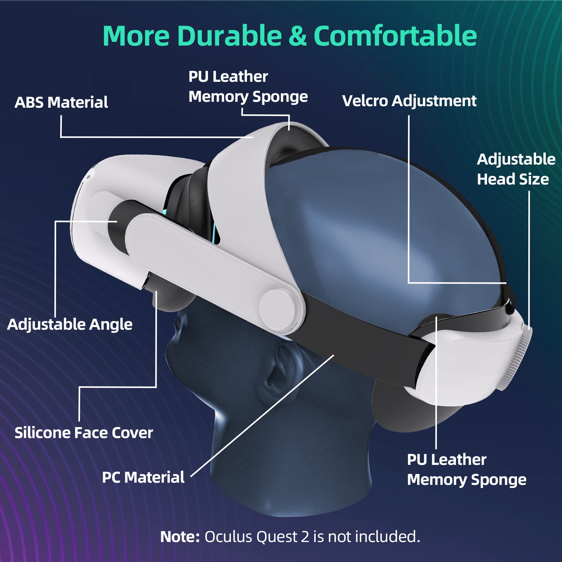 SEVENKA Head Strap for Meta Oculus Quest 2, Replacement for VR Headset Elite Strap with Silicone Face Cover, Lightweight VR Accessories, Enhanced Support and Comfort in VR, Reduce Head Pressure