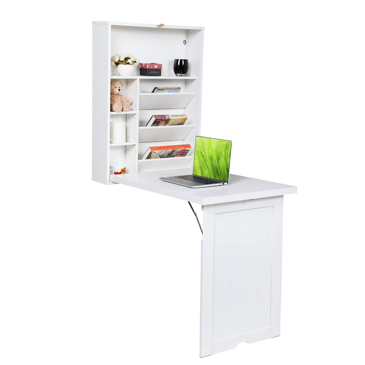 Sandinrayli Modern Compact Wood Wall Mounted Folding Desk Cabinet Convertible Writing Desk for Home Office with Storage, Laptop Tabletop, White (White)
