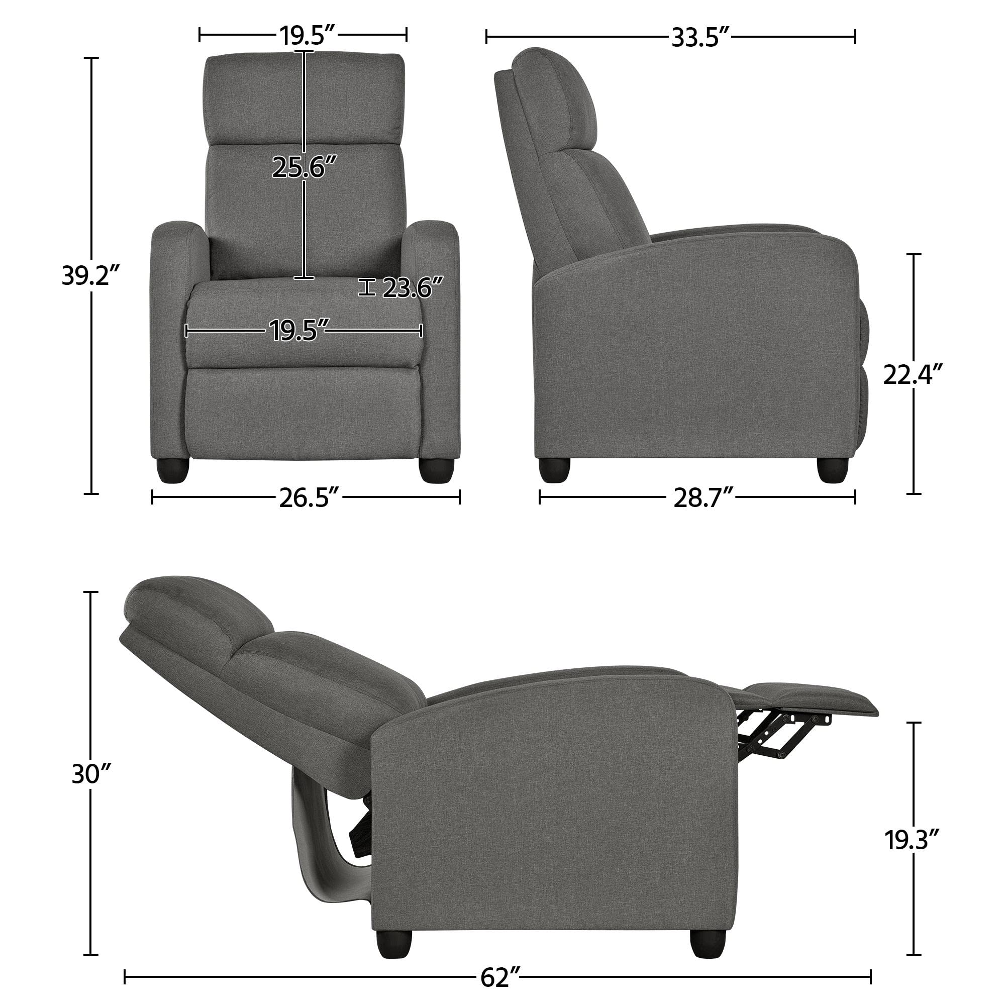 Topeakmart Fabric Recliner Sofa Push Back Recliner Chair Adjustable Modern Single Reclining Chair Upholstered Sofa with Pocket Spring Living Room Bedroom Home Theater Light Grey