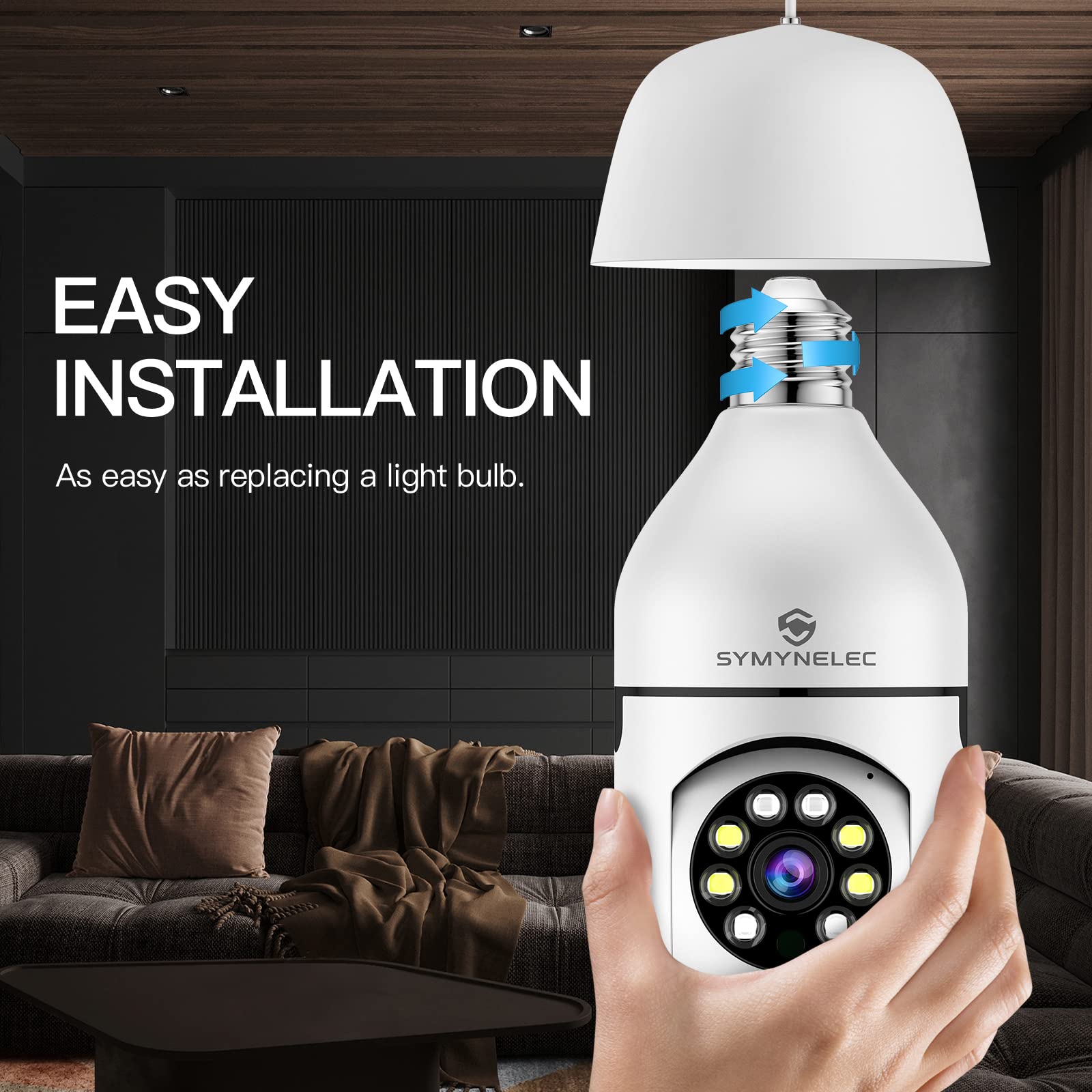 SYMYNELEC Light Bulb Security Camera 2K, 2.4GHz Wireless WiFi Light Socket Security Cameras, 360° Pan/Tilt Smart Lightbulb Cam Human Motion Detection Alarm Color Night Vision Works with Alexa Google