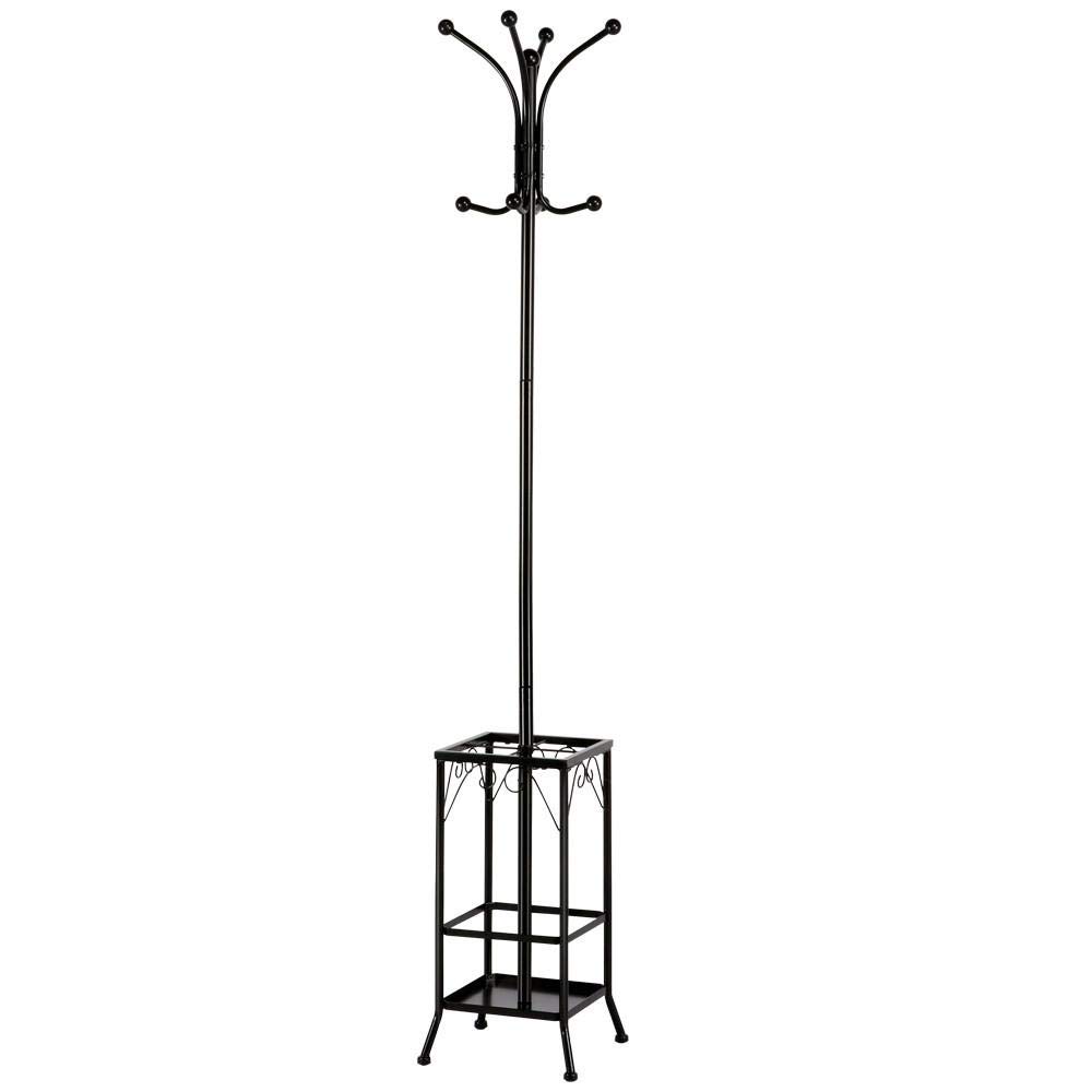 Topeakmart Free-standing Coat Hanger/Holder w/ 8 Hooks and Stand/Base Entryway Clothes Hall Tree Hat Hanger Umbrella Holder for Home/Office,Metal, Black