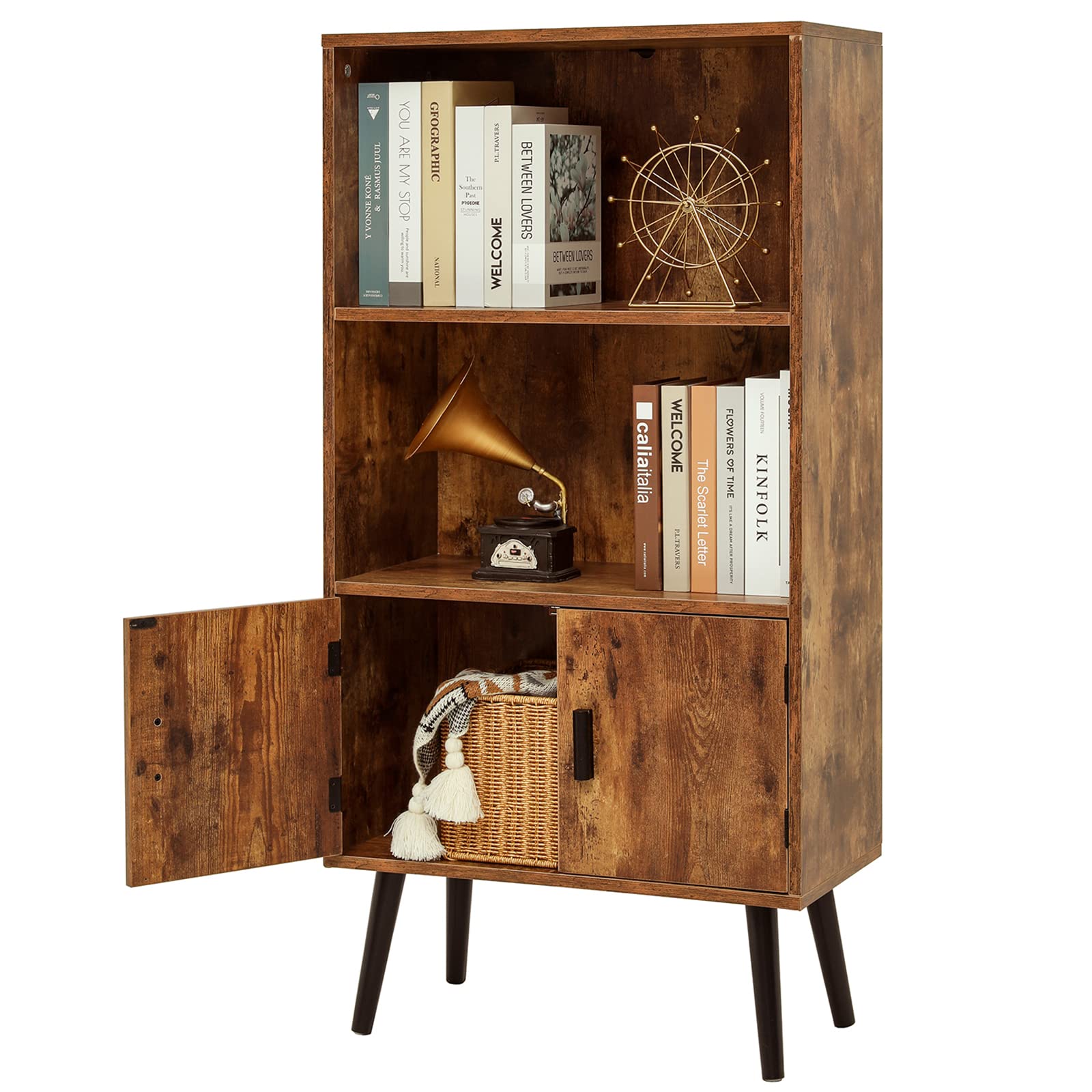 usikey 48.4" H Boho Bookcase, Retro Bookshelf with Doors & 2-Tier Shlef, Mid-Century Modern Storage Cabinet for Bedroom, Study, Living Room, Office, Library, Brown